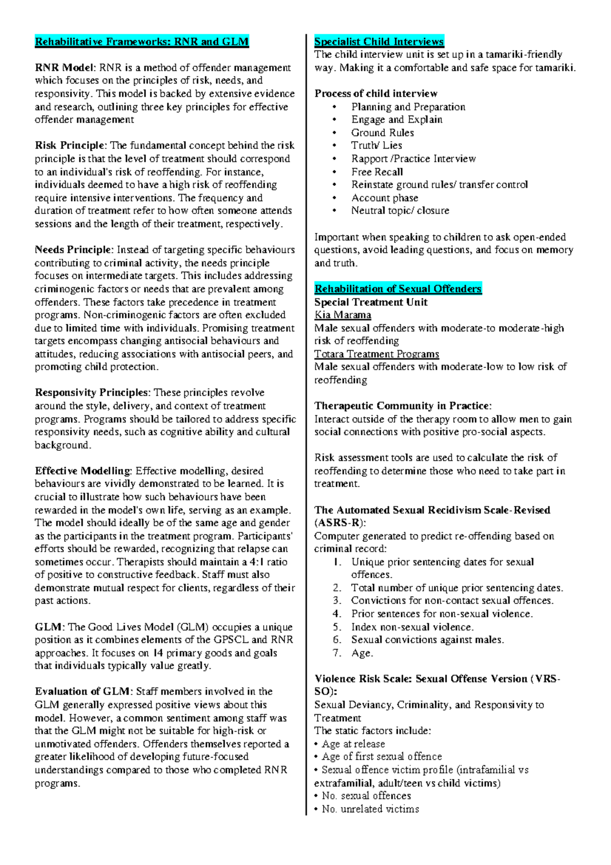 Cheat Sheet - Abnormal Psych - Rehabilitative Frameworks: RNR and GLM ...