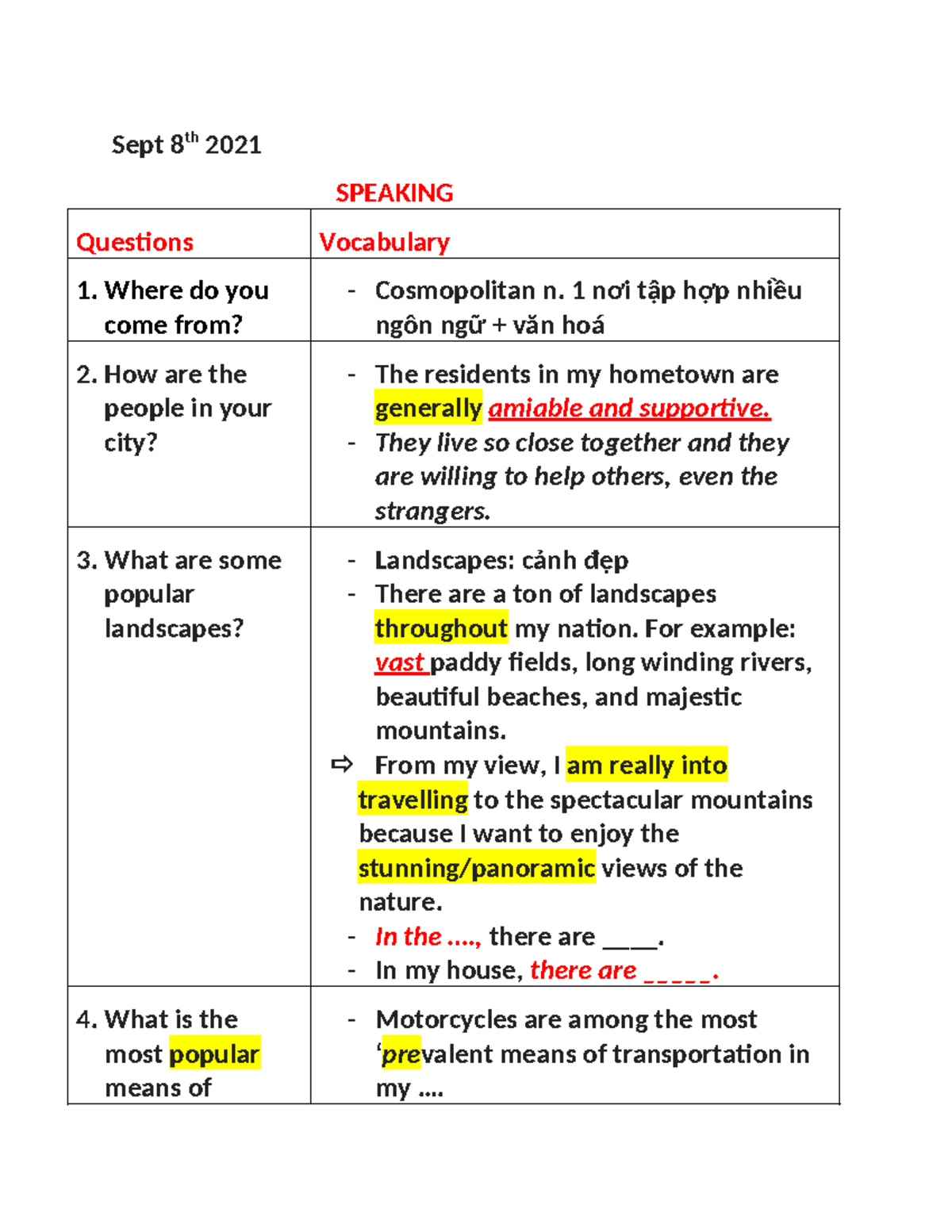 Topic city - Sept 8 th 2021 SPEAKING Questions Vocabulary Where do you ...