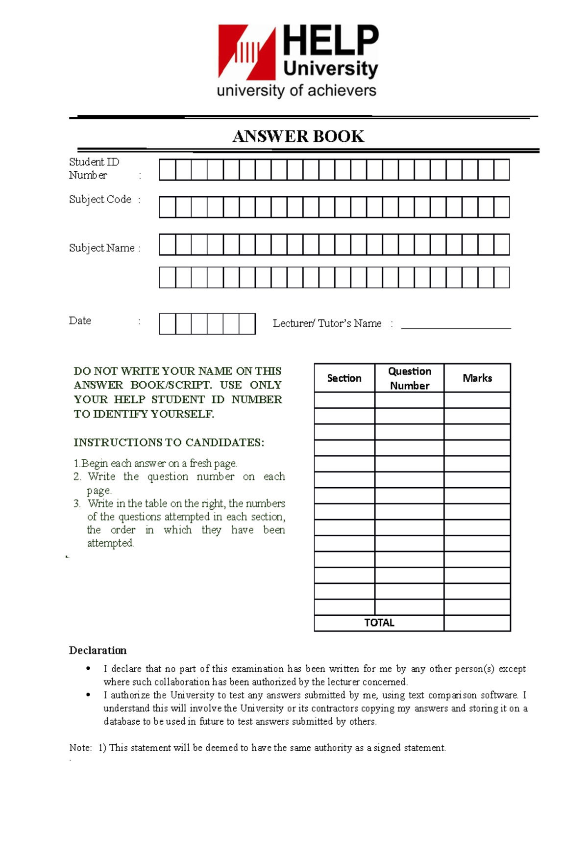 Cover Page of Exam Answer Book (65) - ANSWER BOOK Student ID Number ...