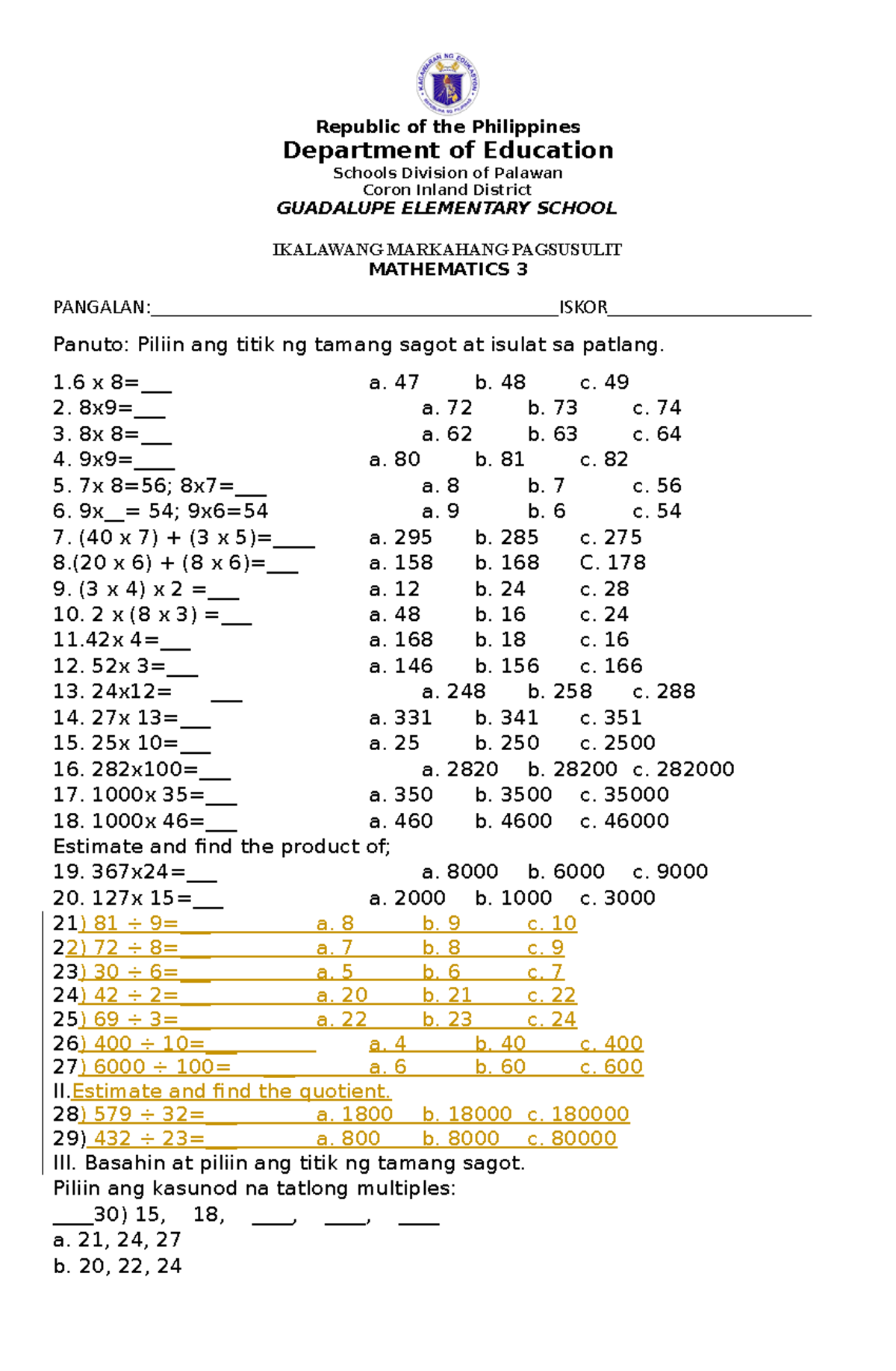 2nd pt MATH - Math - Republic of the Philippines Department of ...