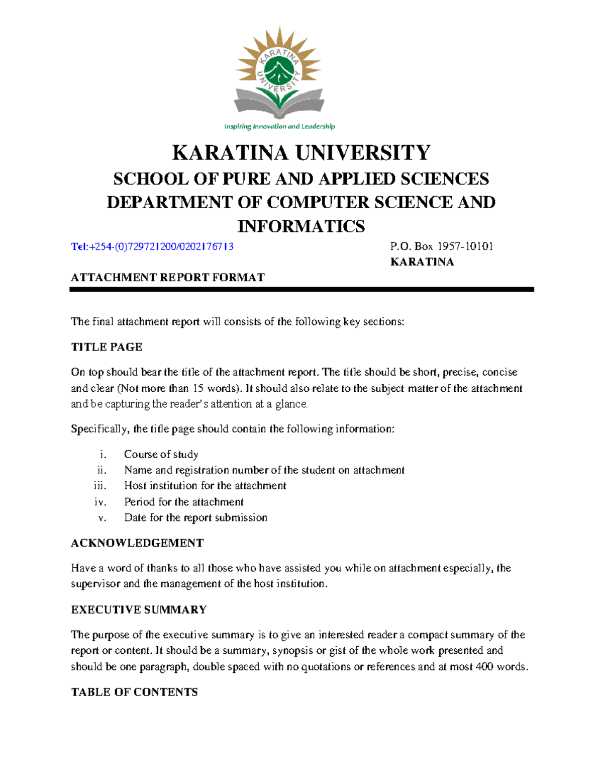 Attachment Report Format - KARATINA UNIVERSITY SCHOOL OF PURE AND ...
