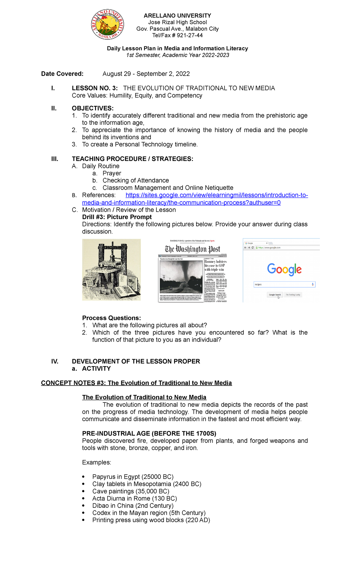 Lesson 3 Aug 29 to Sept 2 - Date Covered: August 29 - September 2, 2022 ...