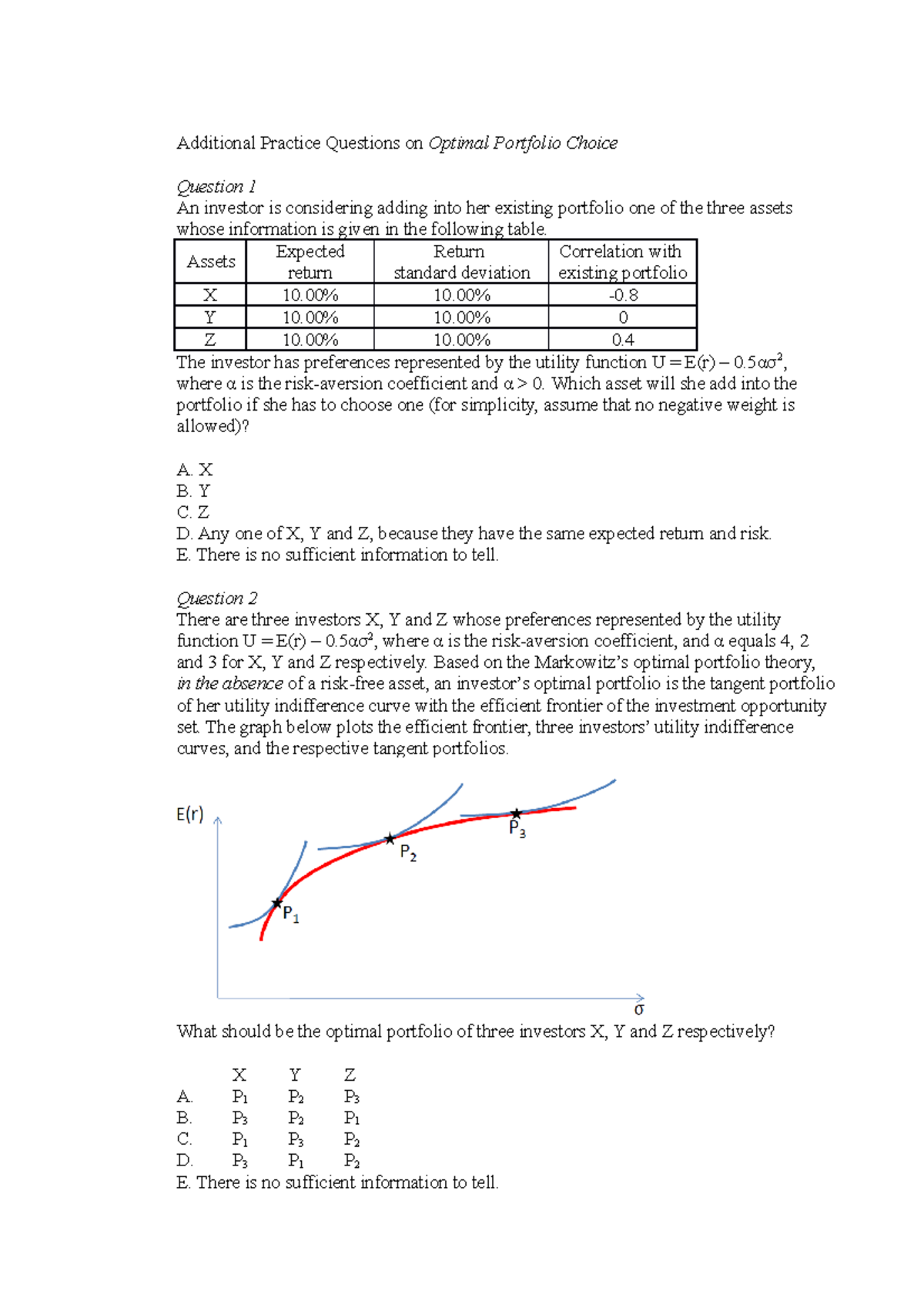 Additional Practice Questions On Optimal Portfolio Choice Assets Expected Return Return