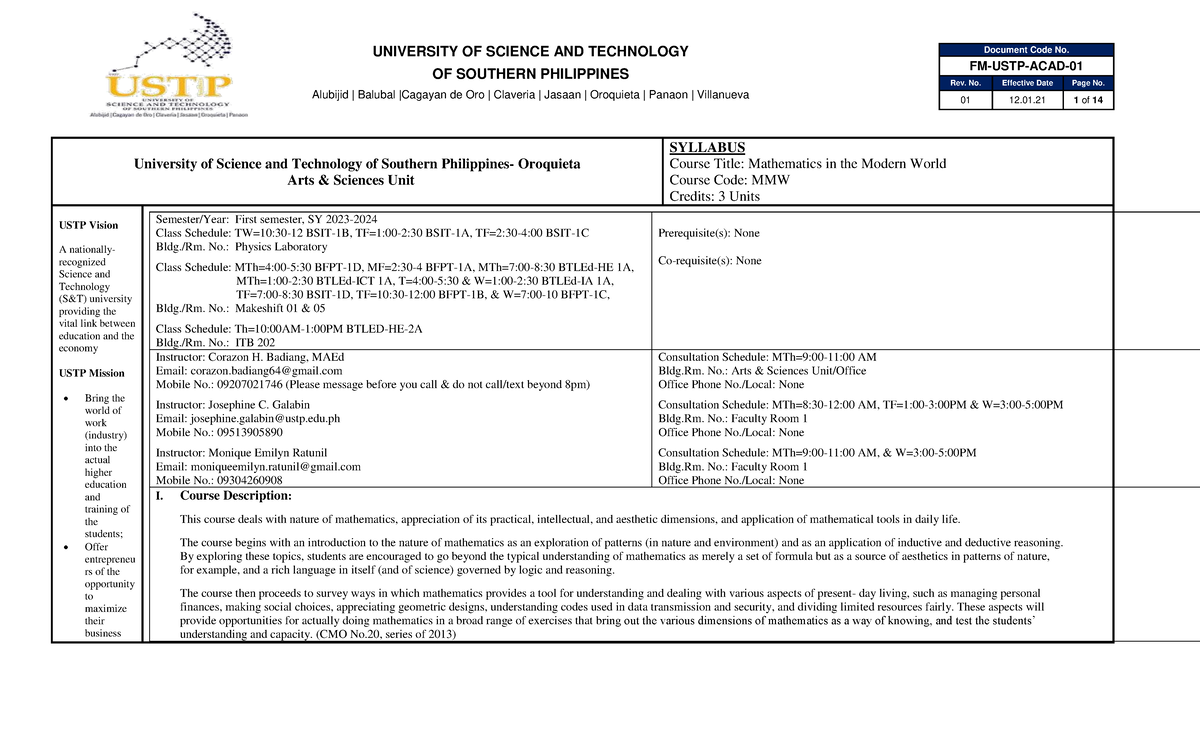 Syllabus for MMW 2023 2024 - FM-USTP-ACAD- 01 Rev. No. Effective Date ...