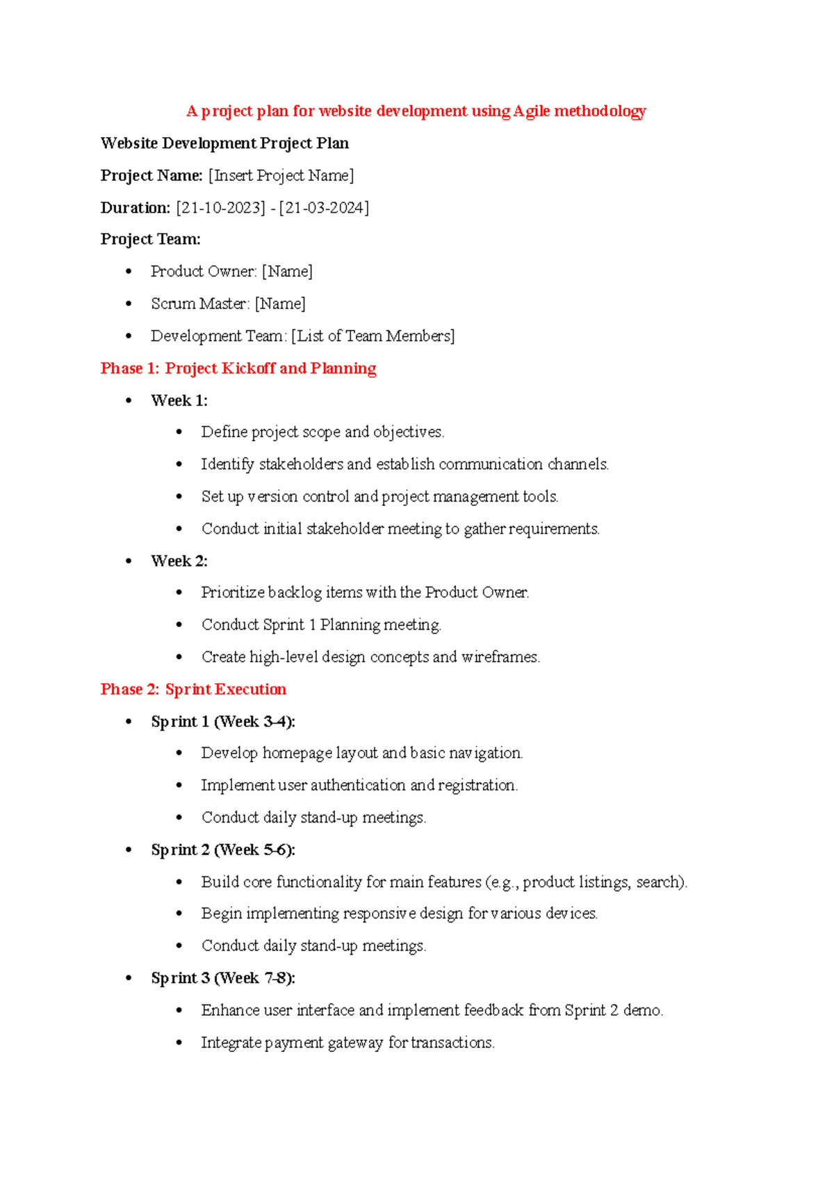 Agile Website Development Project Plan - A project plan for website ...