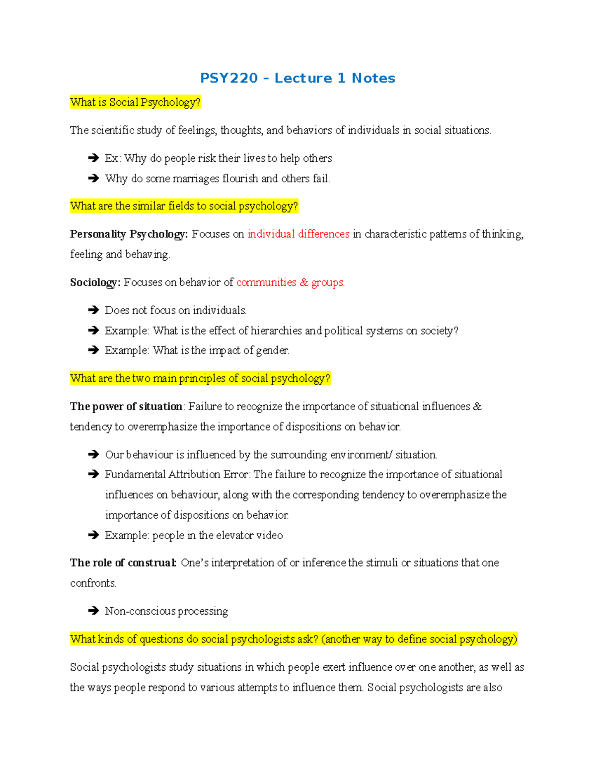 PSY210 Lecture 1 Notes - PSY220 – Lecture 1 Notes What is Social ...