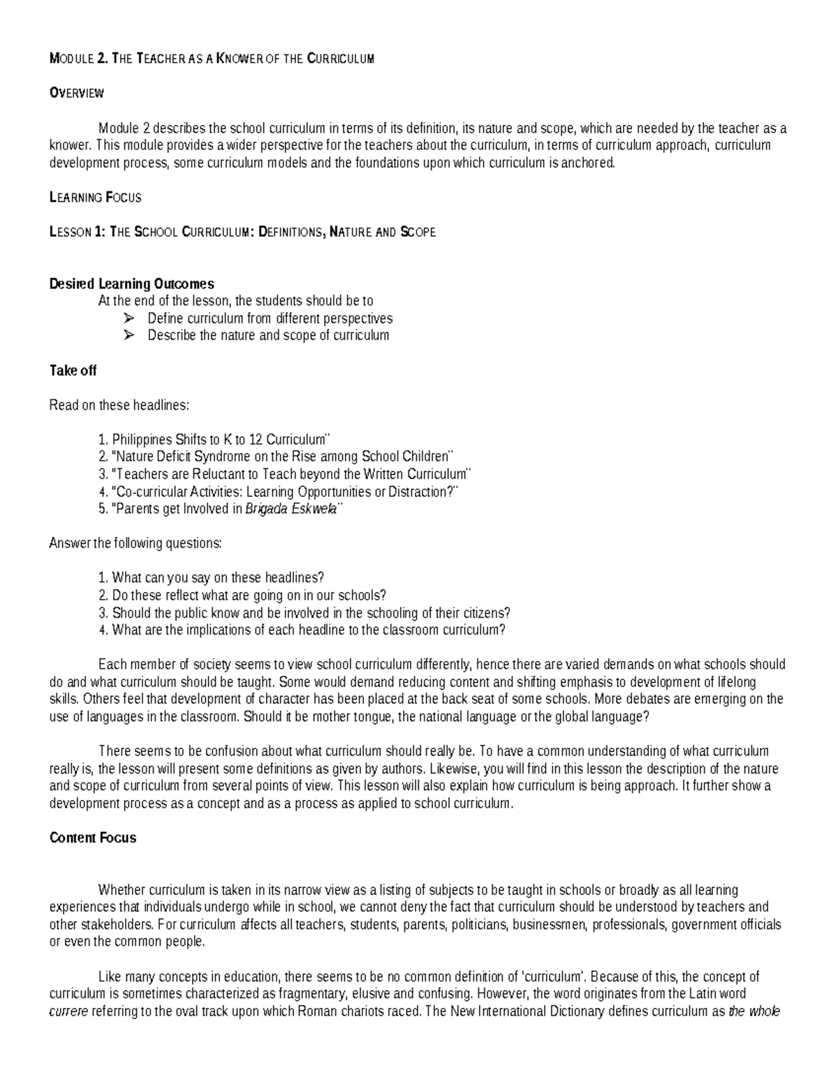 Module-2 - MODULE 2. THE TEACHER AS A KNOWER OF THE CURRICULUM OVERVIEW ...