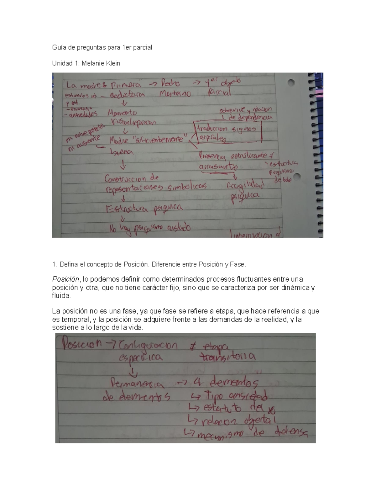 Guía de preguntas para 1er parcial - Guía de preguntas para 1er parcial Unidad 1: Melanie Klein ...
