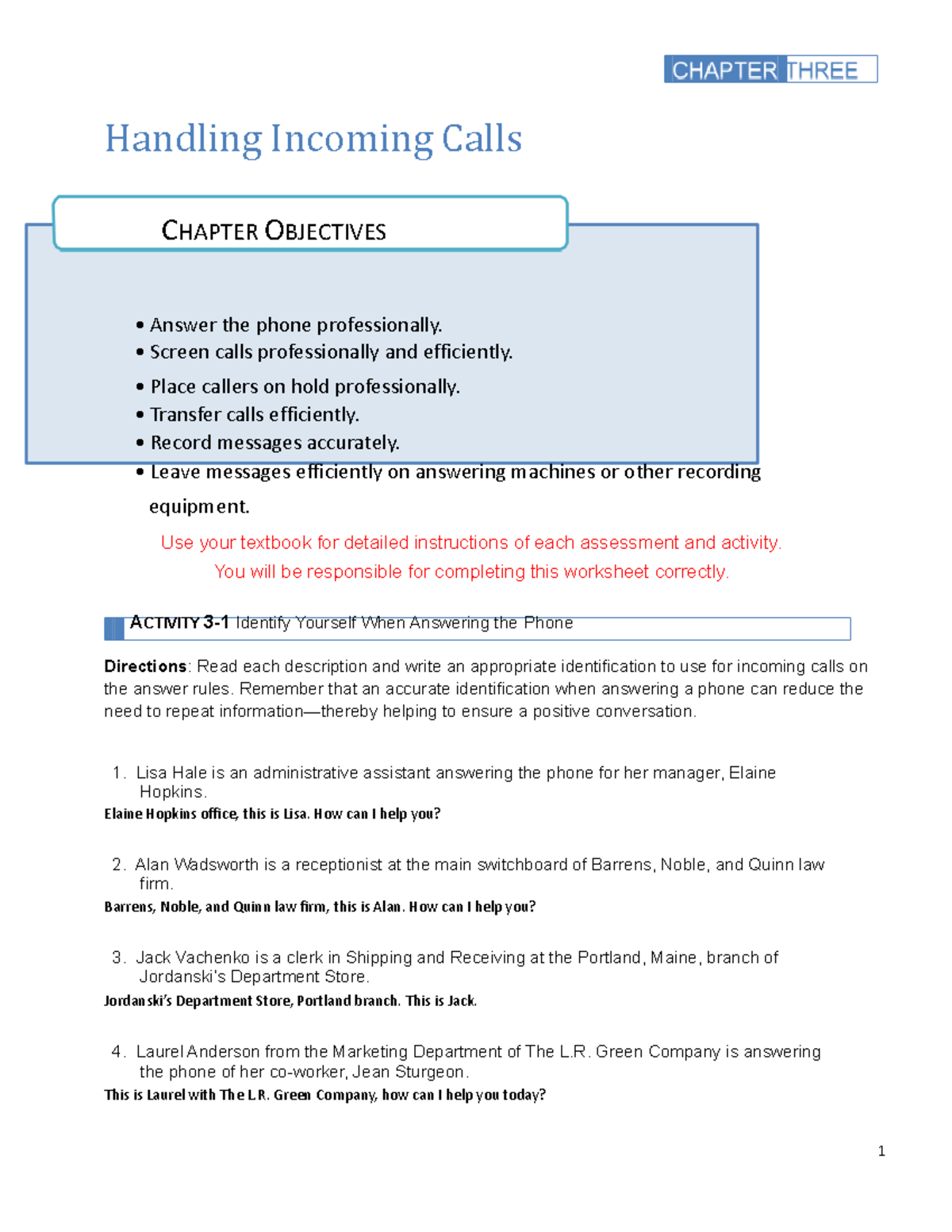 M3 Handling Incoming Phone Call - Mikaela Christianson - Handling Incoming Calls CHAPTER ...