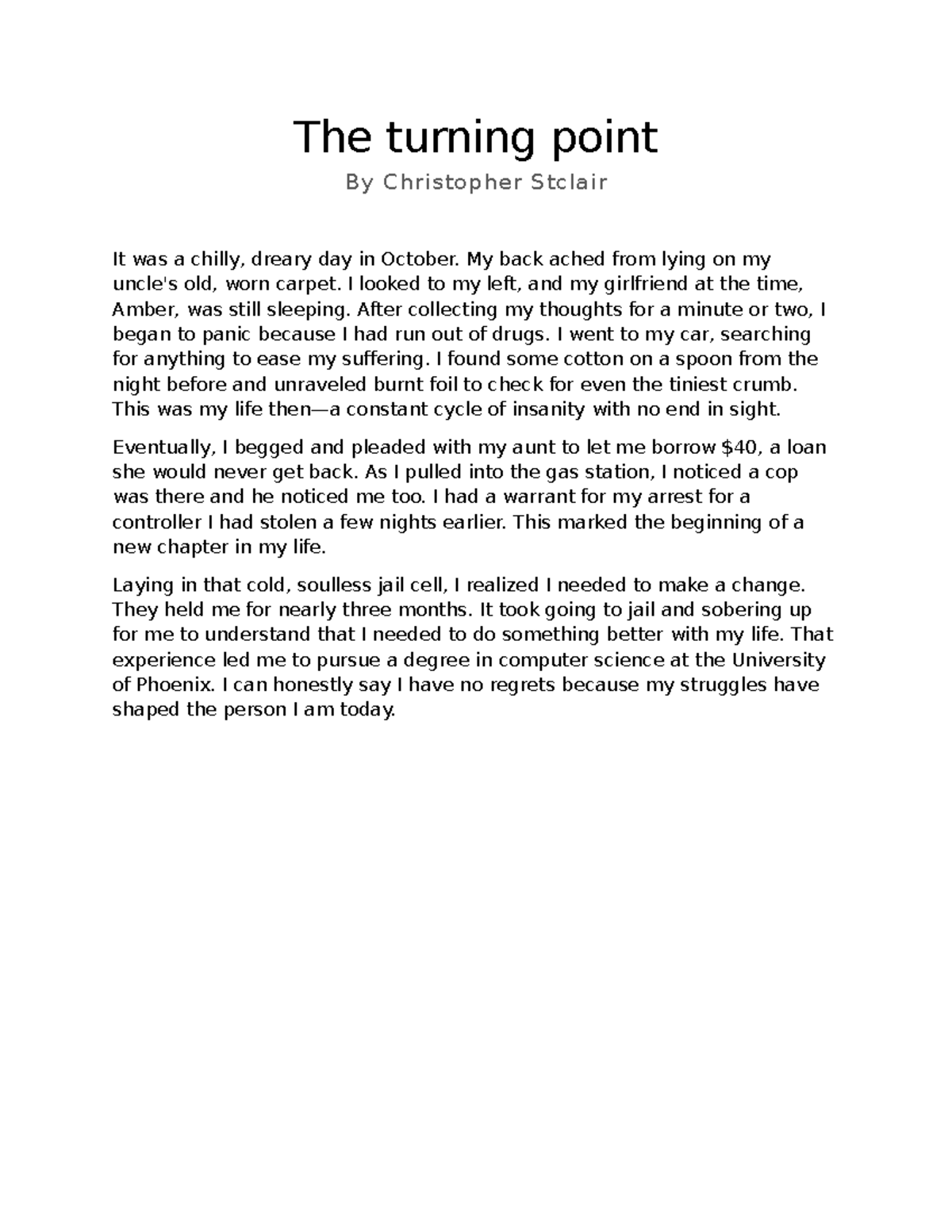 Christopher Stclair personal narrative - The turning point By ...