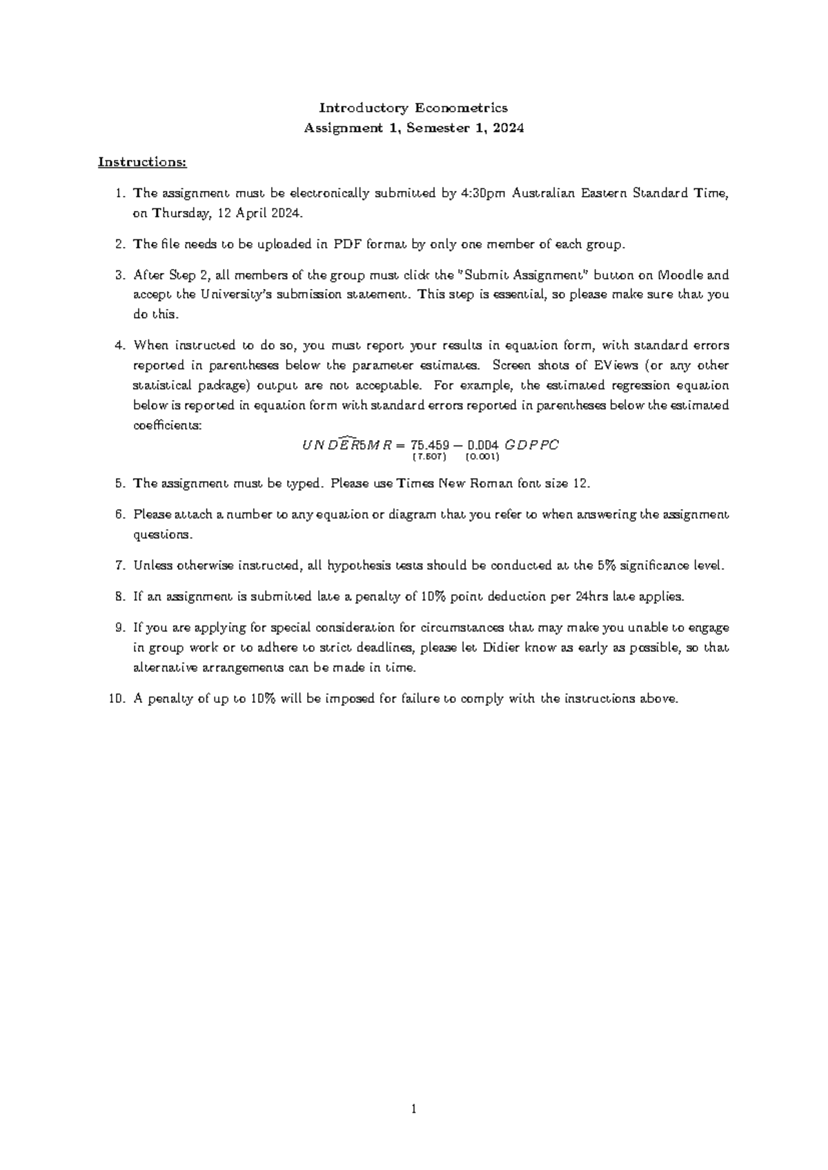 ETC2410 Assigment 1 info - Introductory Econometrics Assignment 1, Semester 1, 2024 Instructions ...