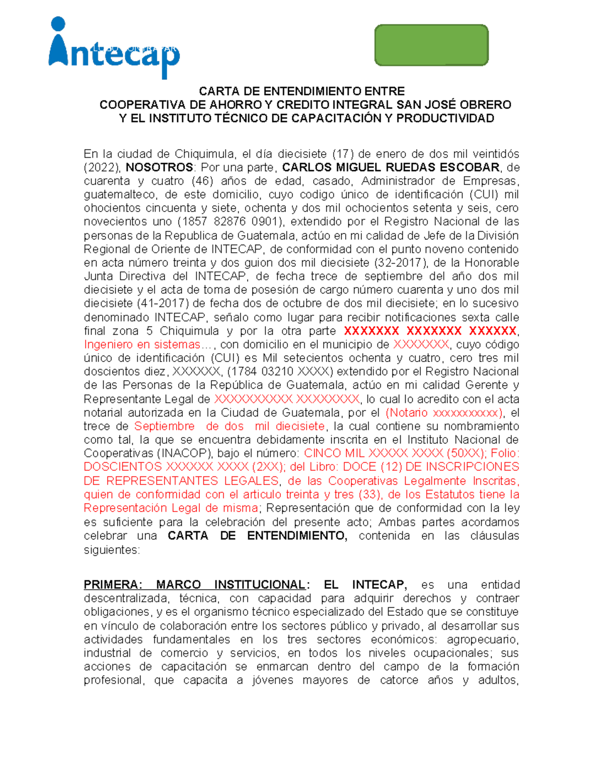 Ejemplo de Carta DE Entendimiento - Intecap - CARTA DE ENTENDIMIENTO ENTRE COOPERATIVA DE AHORRO ...