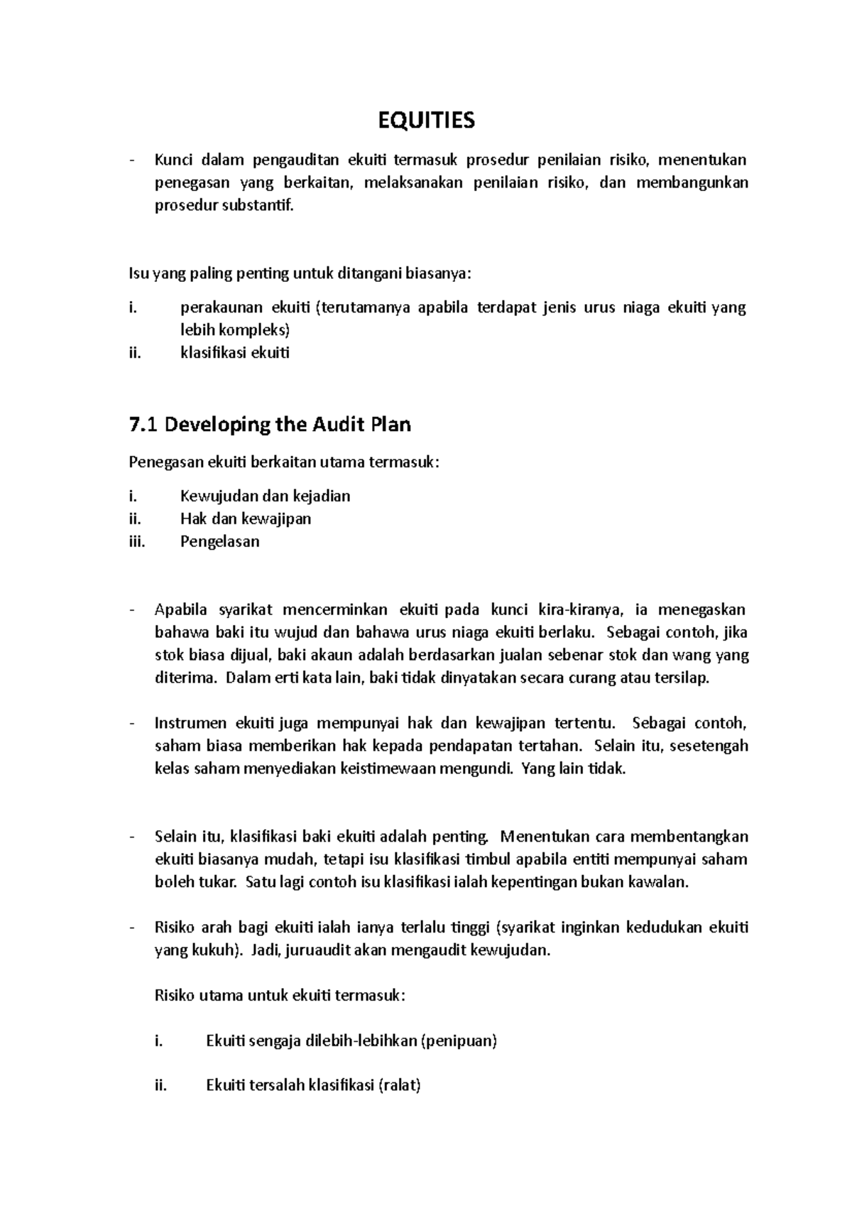 Audit 2 Chapter 7 - EQUITIES Kunci dalam pengauditan ekuiti termasuk prosedur penilaian risiko ...