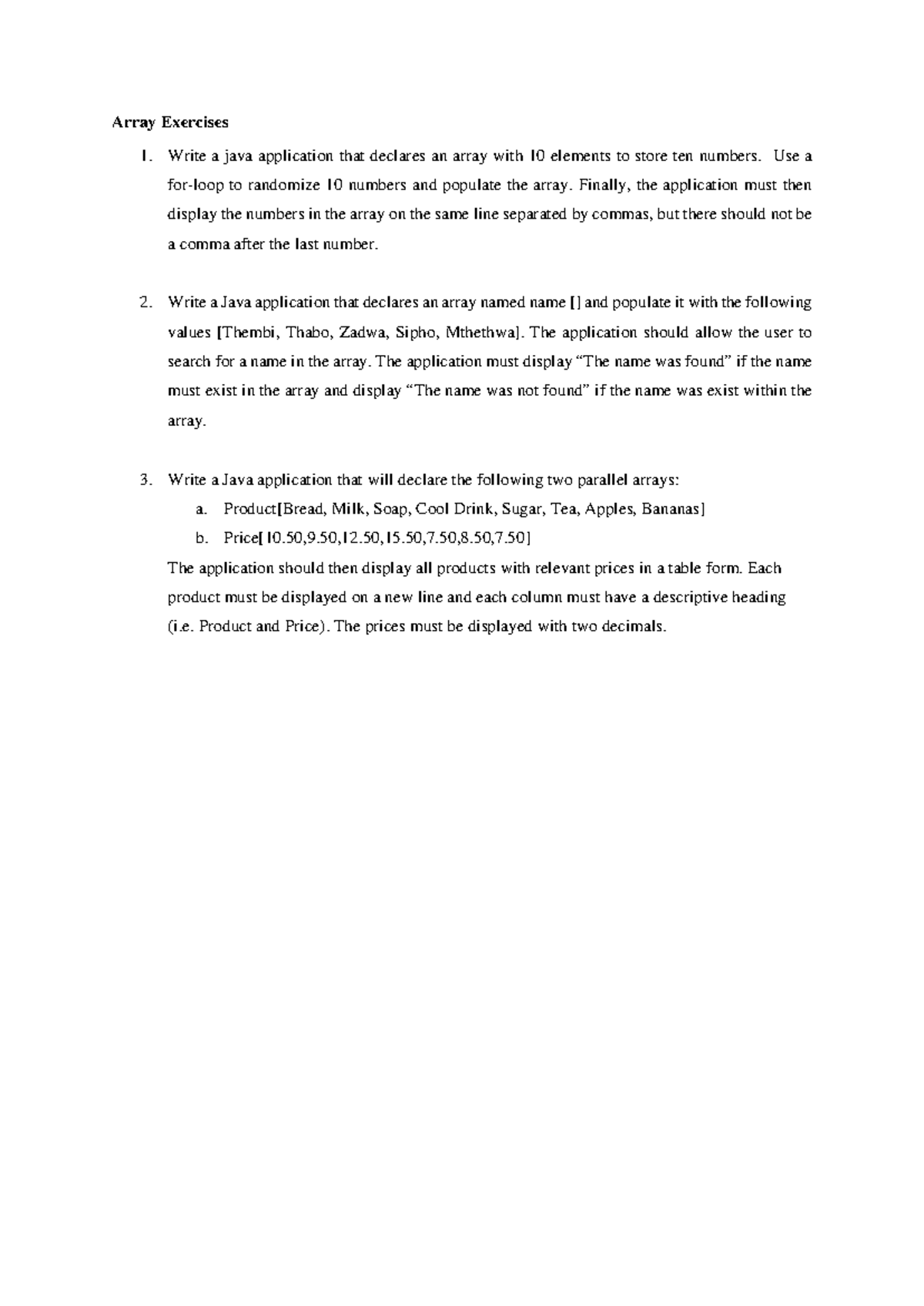 Excersises%20-%20Copy - Array Exercises 1. Write a java application ...
