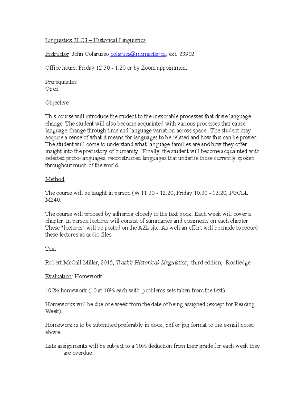 Ling 2lc3 outline - Linguistics 2LC3 – Historical Linguistics ...