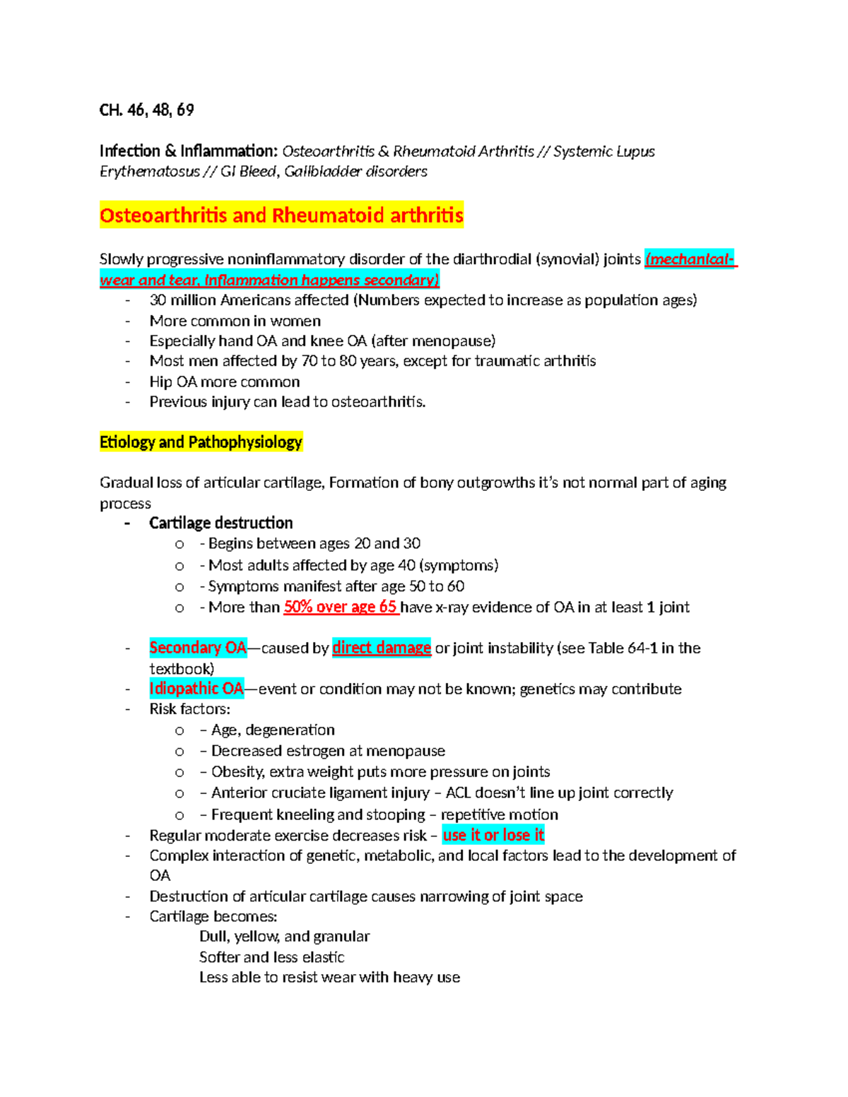 N201 WK 5 - Arthritis Lupus GI Bleed - CH. 46, 48, 69 Infection ...