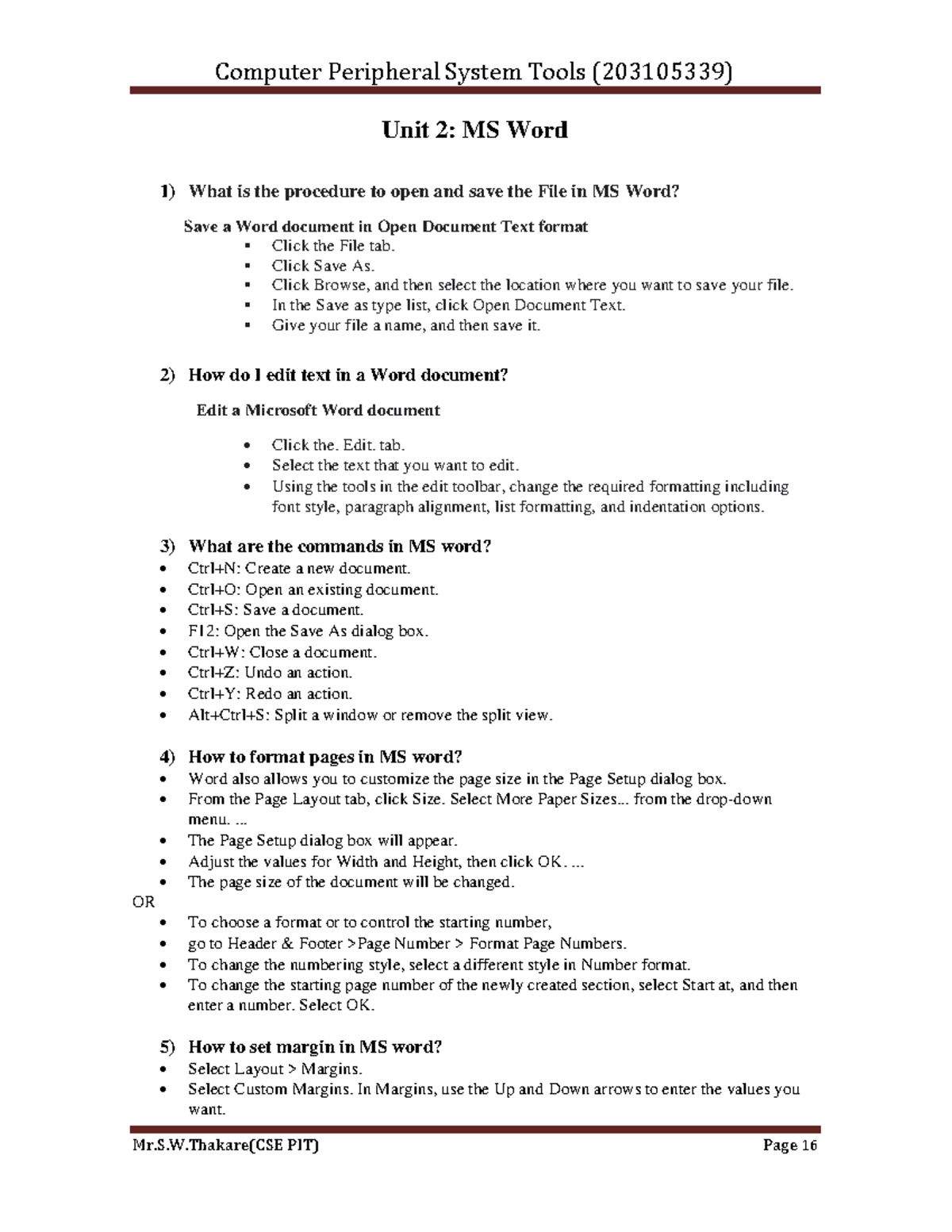 Unit 2 Ms Word - Electrical Machines - Unit 2: MS Word 1) What is the ...