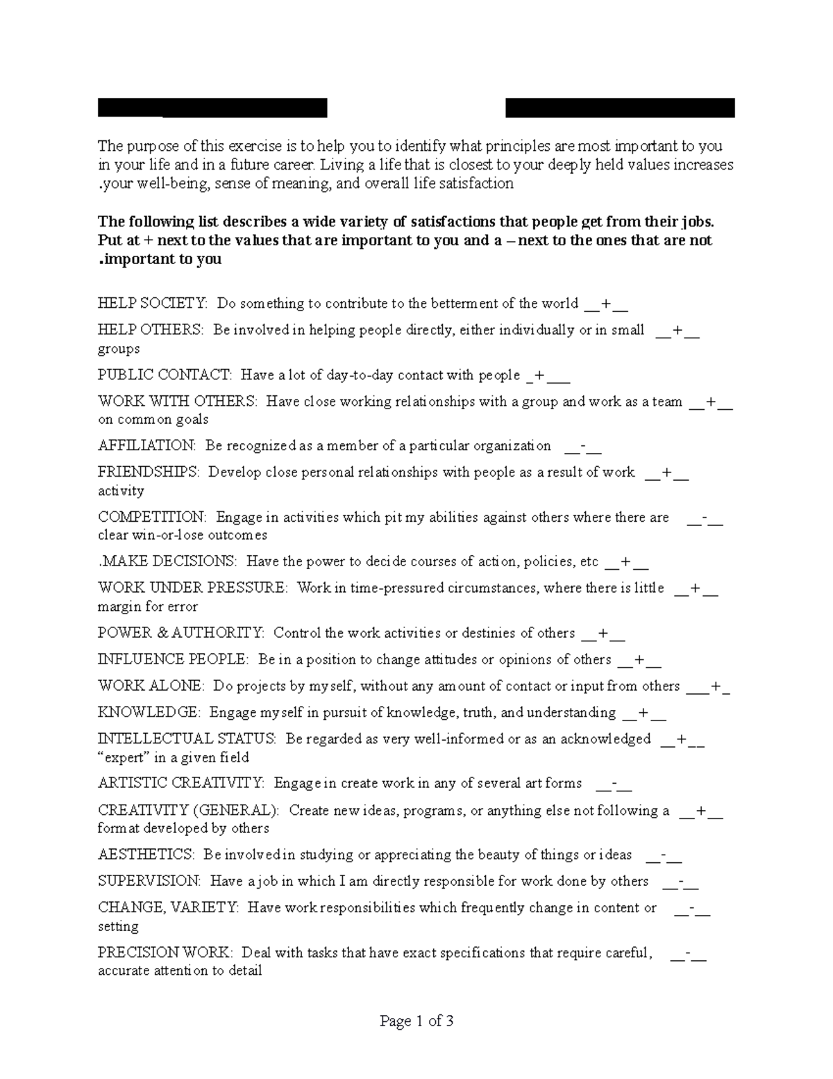 Career Values Worksheet- Homework: Work Values The purpose of this ...