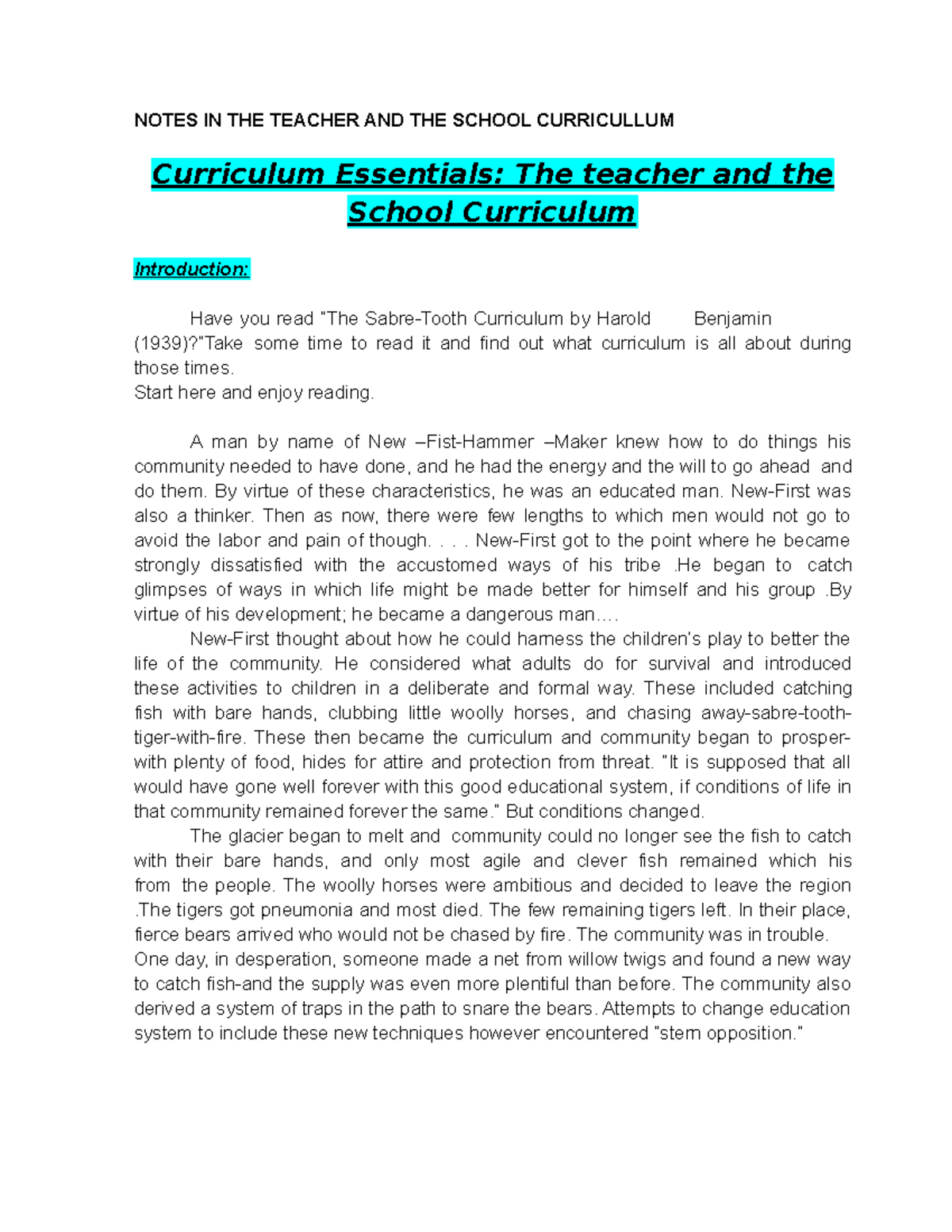 Curriculum Essentials - NOTES IN THE TEACHER AND THE SCHOOL CURRICULLUM ...