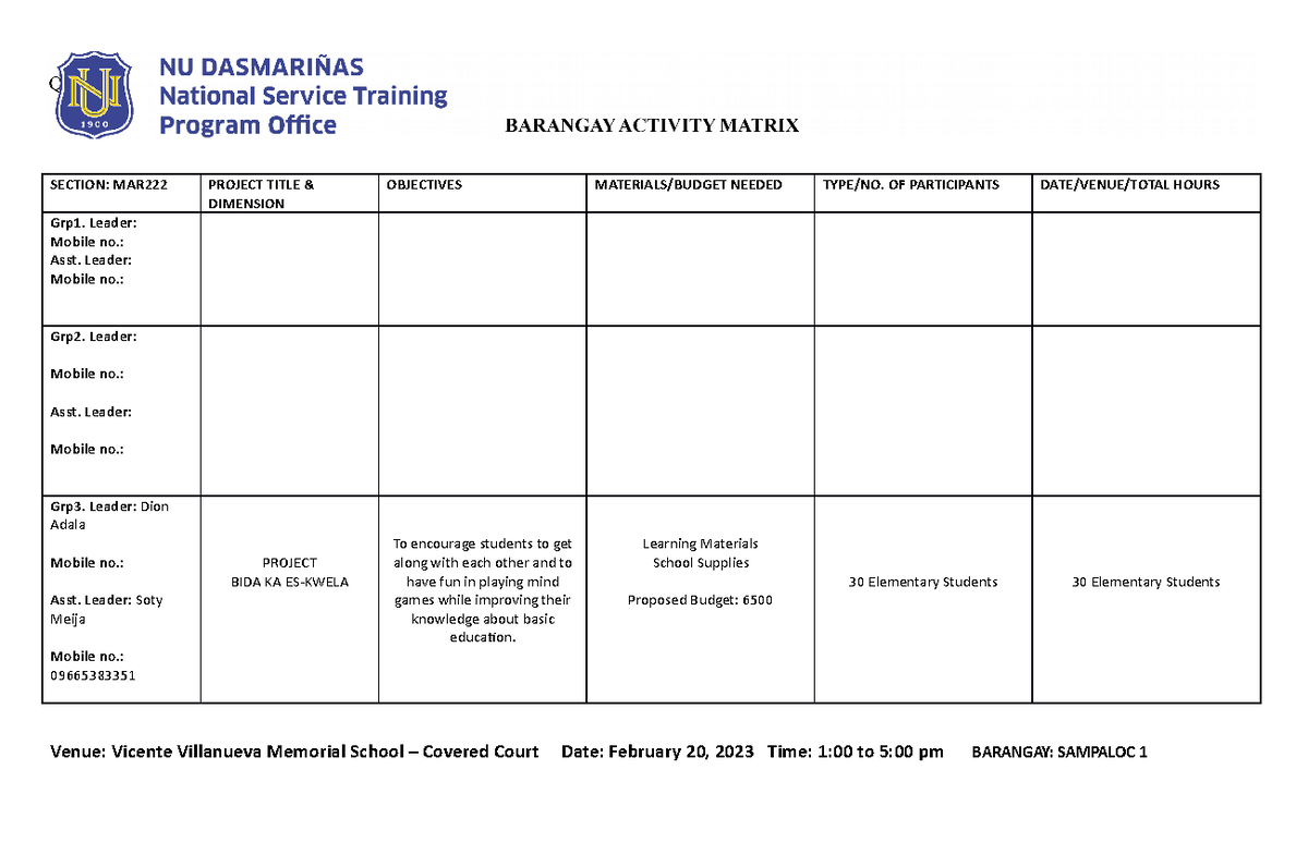 NSTP2-BRGY- Group- Activity- Matrix- Group-3-MAR222 - SECTION: MAR222 ...