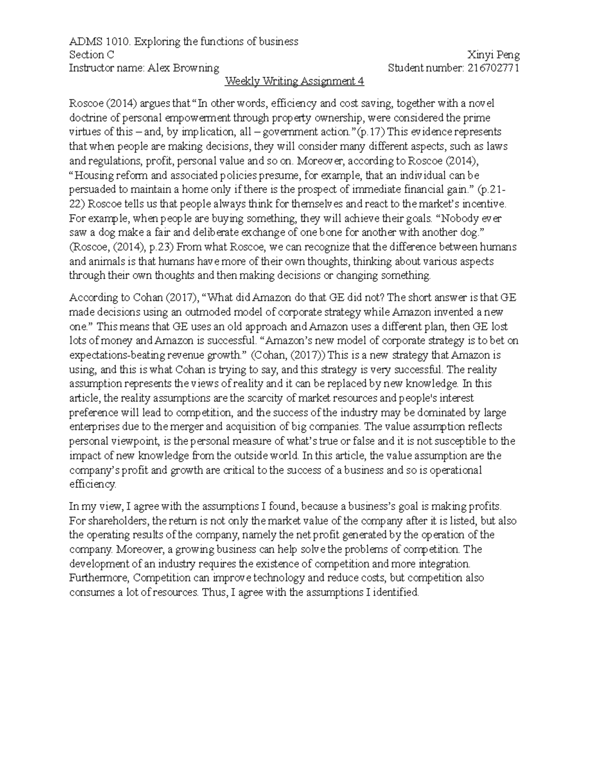 Weekly Writing Assignment 4 - ADMS 1010. Exploring the functions of business Section C Xinyi ...