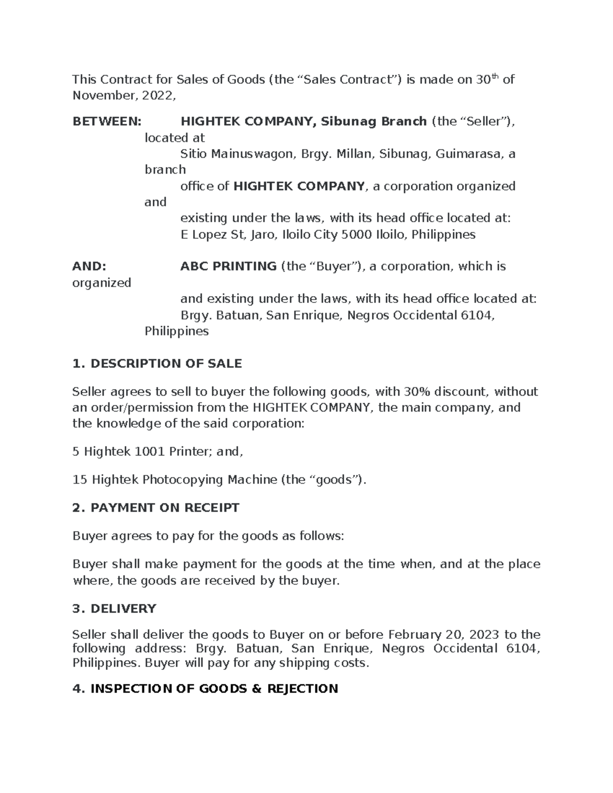 Rescissible Contract Sale - This Contract for Sales of Goods (the ...