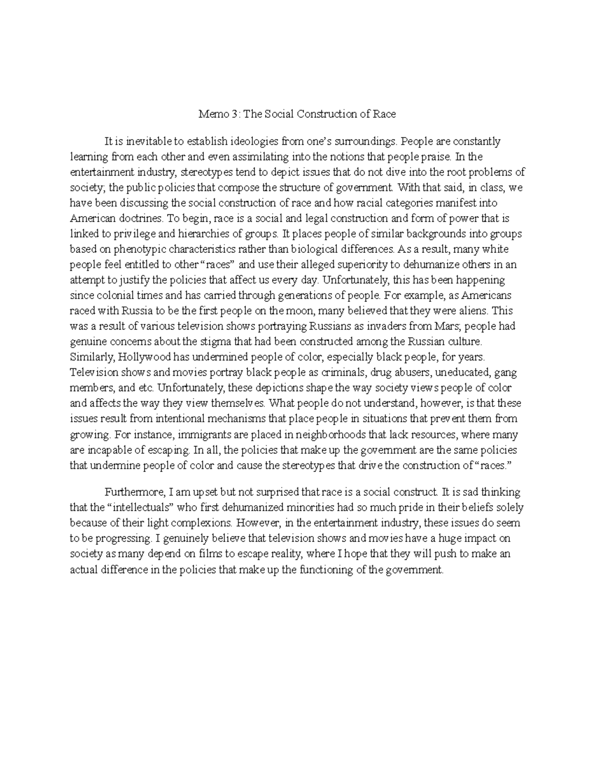 Memo#3-2 - notes - Memo 3: The Social Construction of Race It is ...