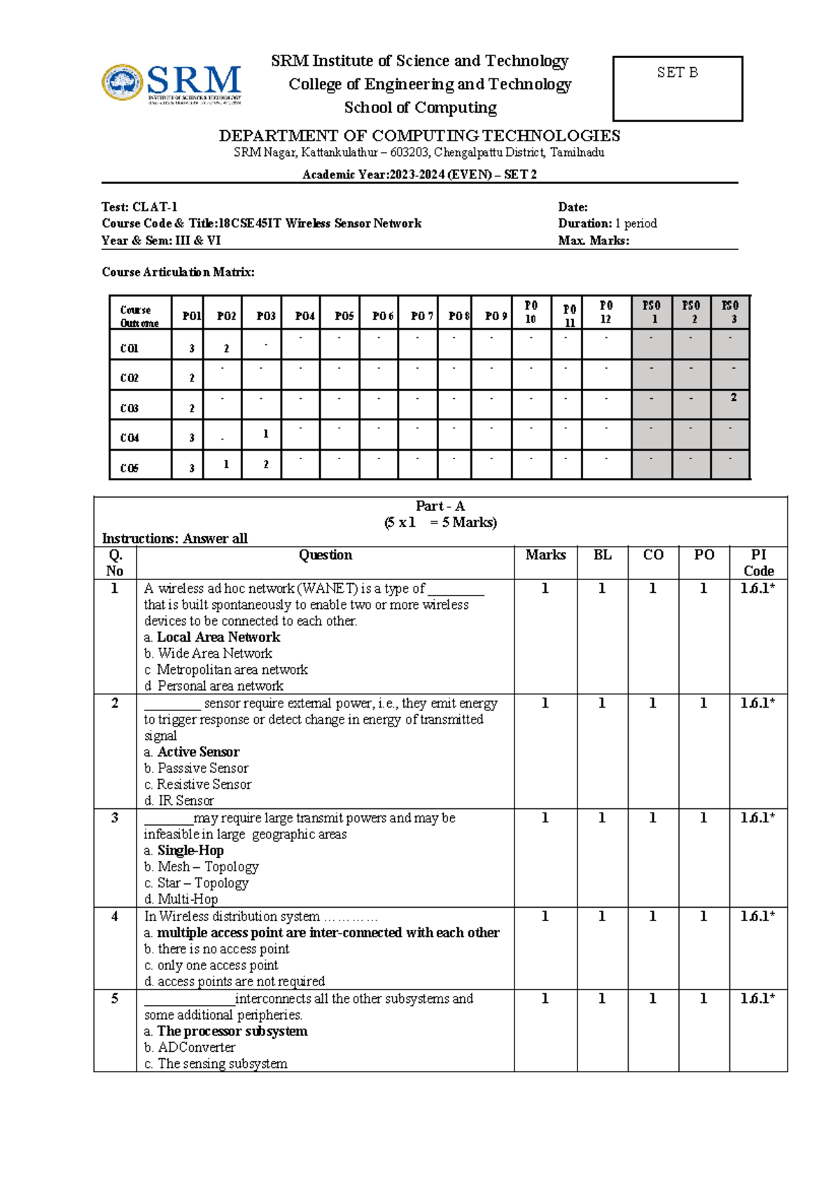 Ct1 Qp Set B 2023 24 Even Wsn Answer Key Srm Institute Of Science And Technology College Of