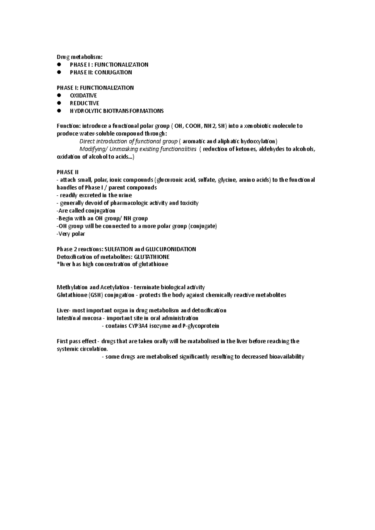 Notes on Drug metabolism - Drug metabolism: PHASE I : FUNCTIONALIZATION ...