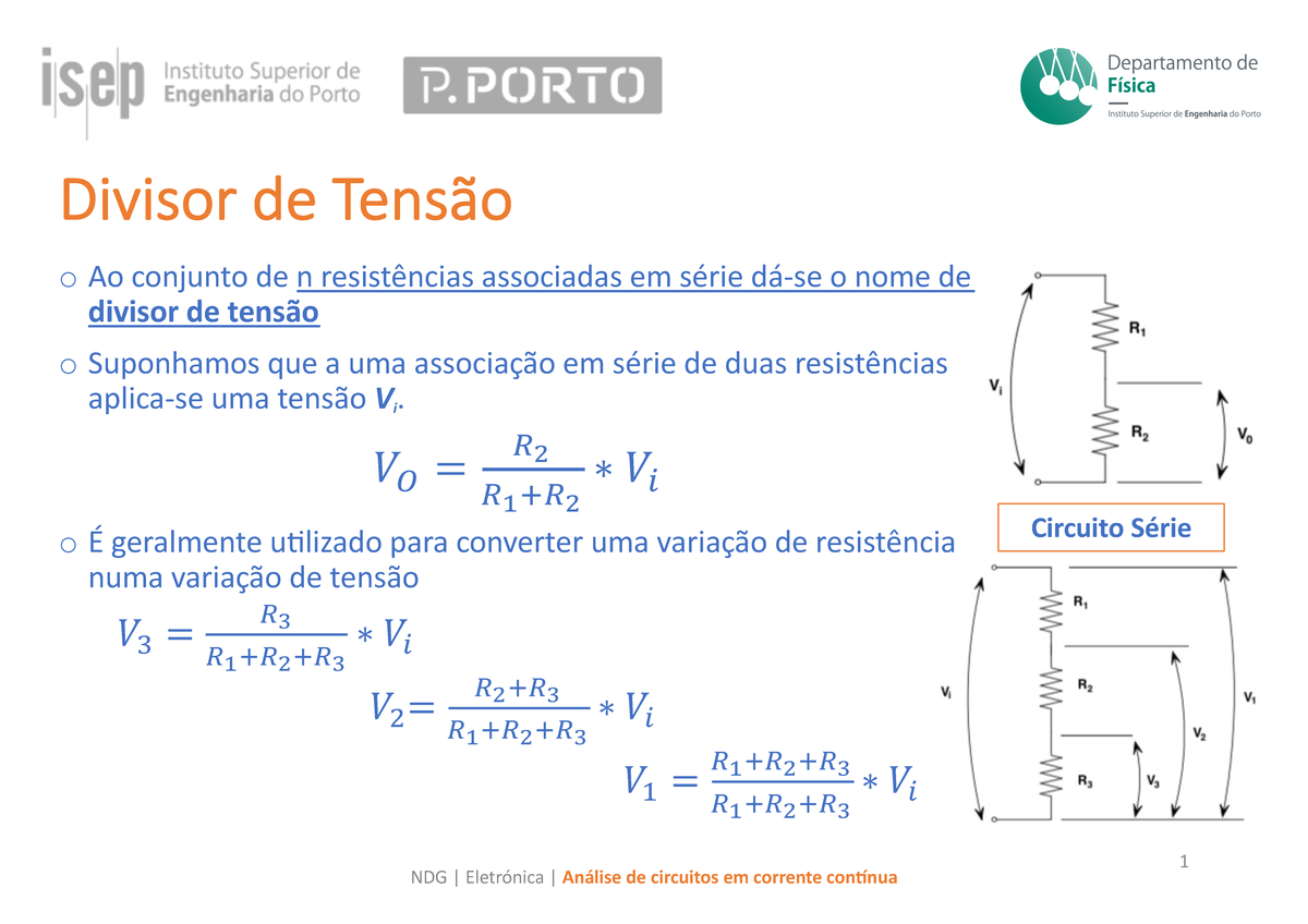 Eltra Aula TP 2 - Apontamentos 3 - Divisor de Tensão o Ao conjunto de n ...