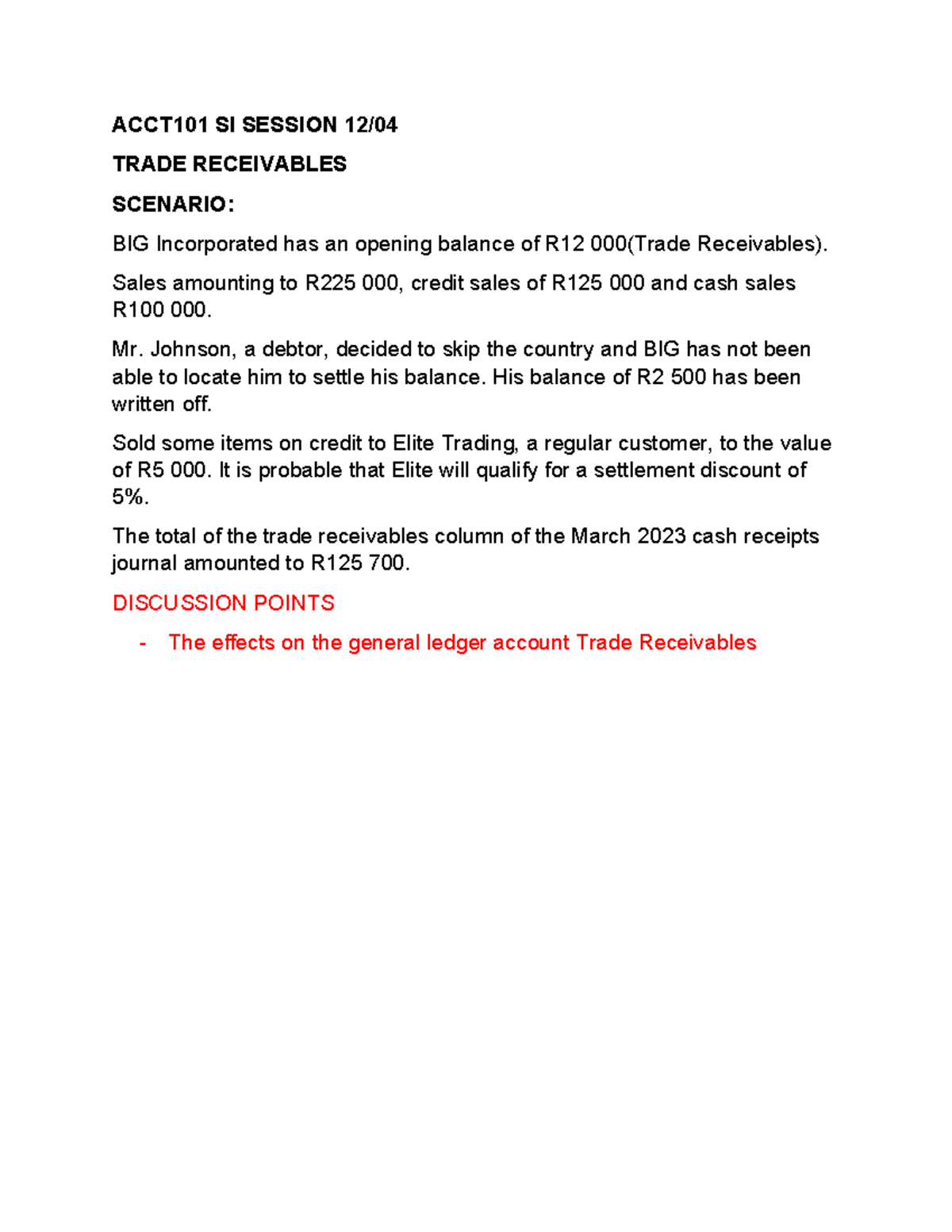 ACCT101 SI Session 12 - practice - ACCT101 SI SESSION 12/ TRADE ...