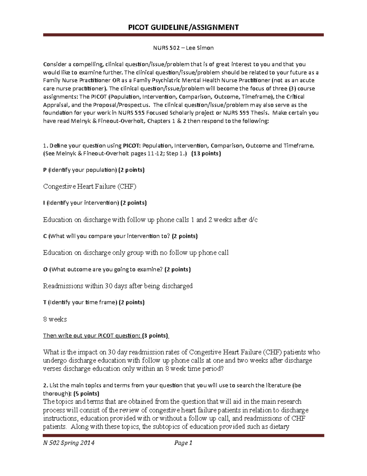 N502 Picot Guidelines,Simon - PICOT GUIDELINE/ASSIGNMENT NURS 502 – Lee ...