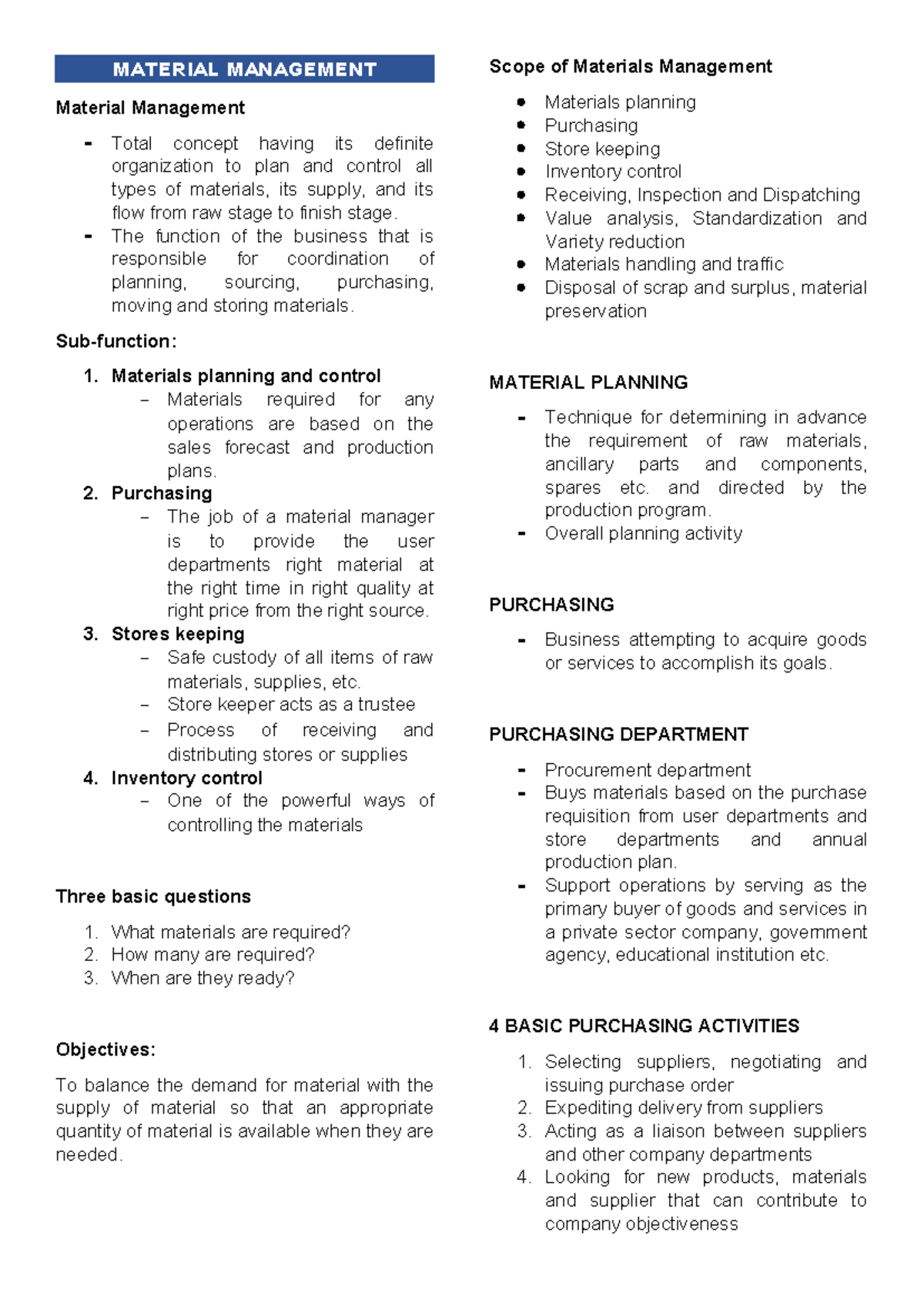 CBM WEEK 4-5 Notes - MATERIAL MANAGEMENT Material Management Total ...