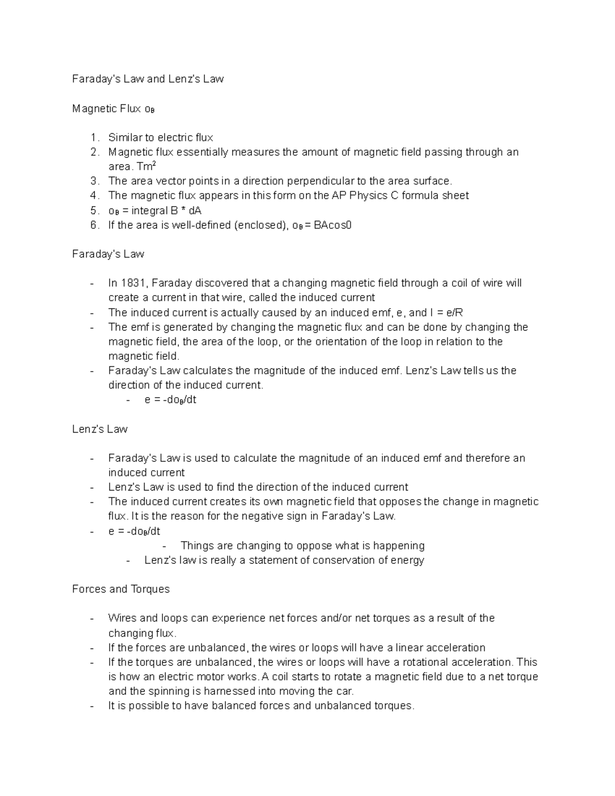 5.1 Magnetic Flux, Faraday's Law and Lenz's Law, Forces and Torques ...