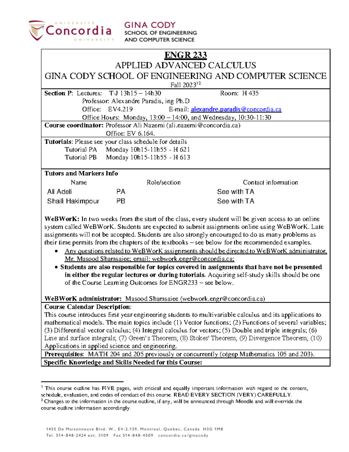 Course Outline - ENGR 233 APPLIED ADVANCED CALCULUS GINA CODY SCHOOL OF ENGINEERING AND COMPUTER ...