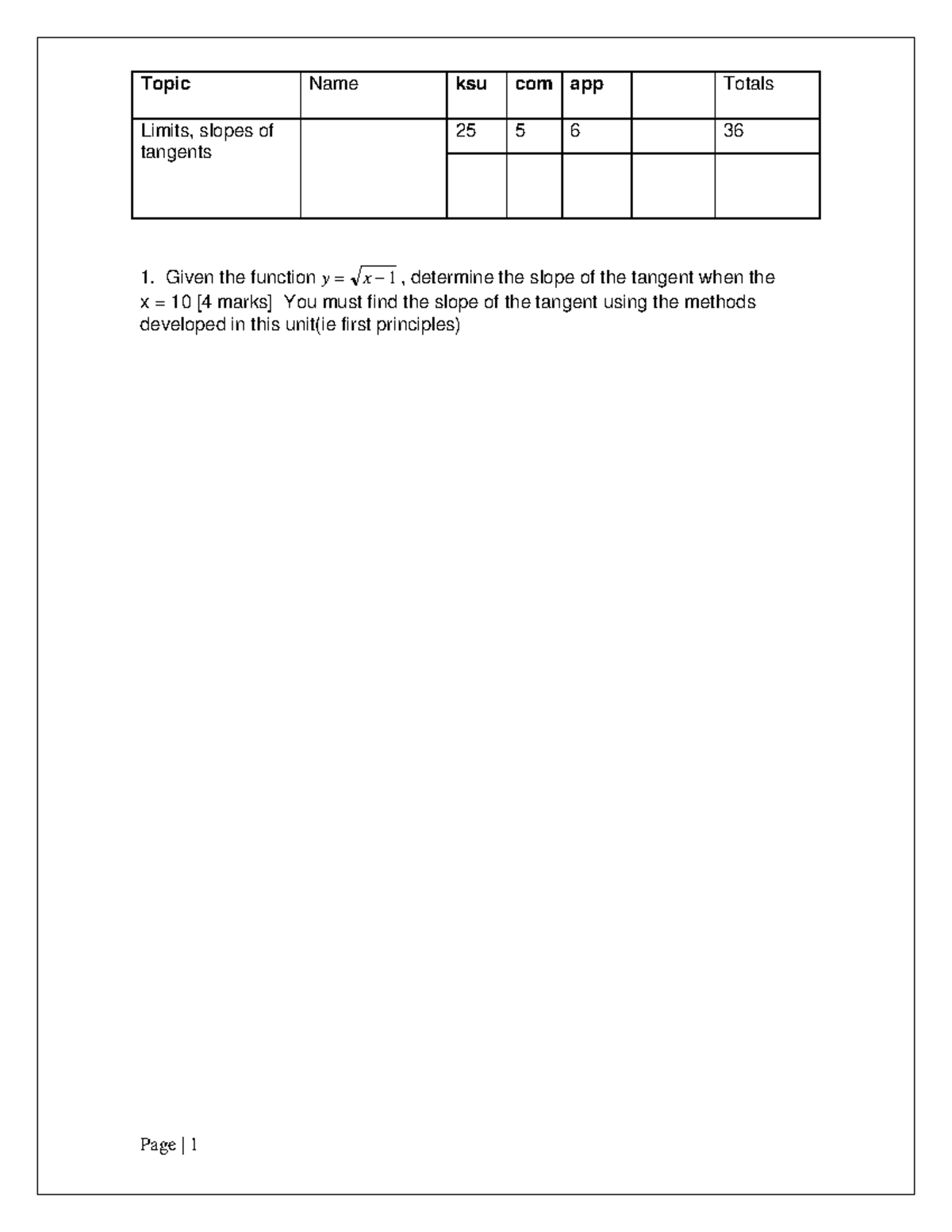 Test #1 limits, slopes of tangents (1) - Given the function y x 1 ...