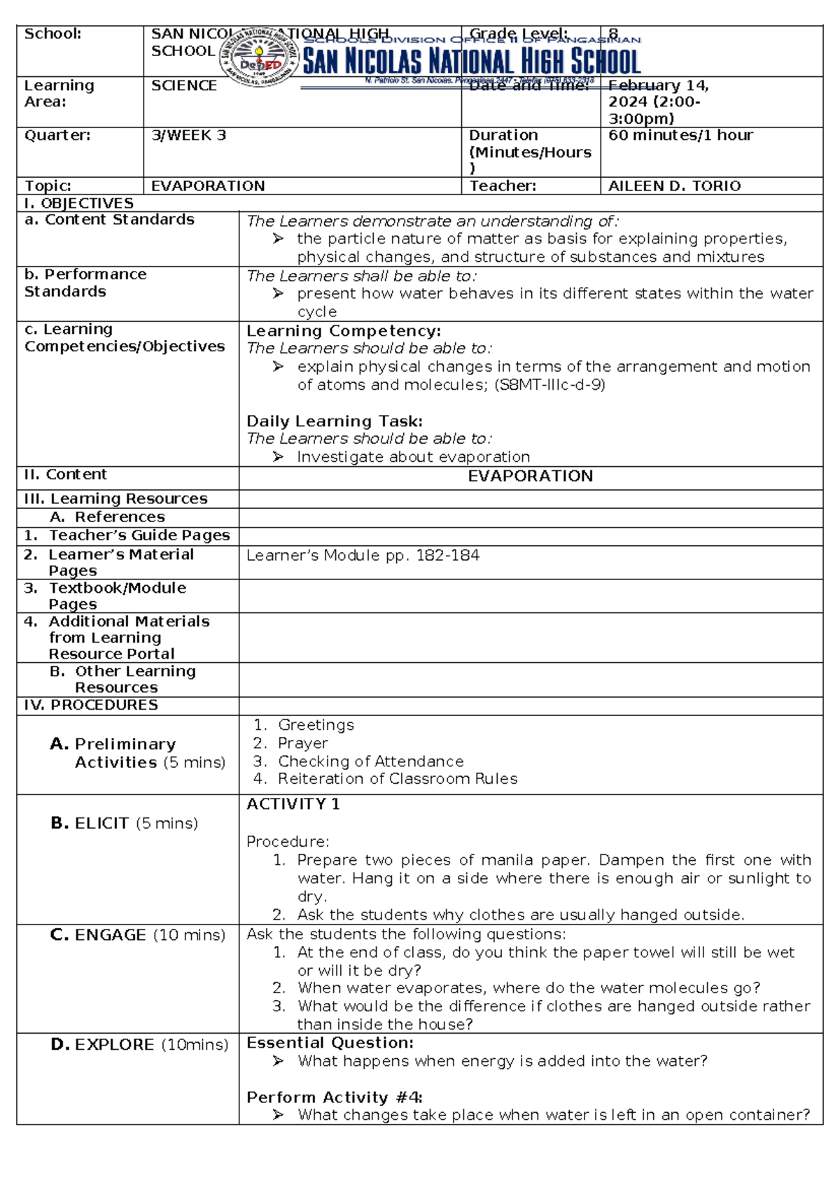 SEMI- Detailed Lesson PLAN ( Quarter 3) - School: SAN NICOLAS NATIONAL ...