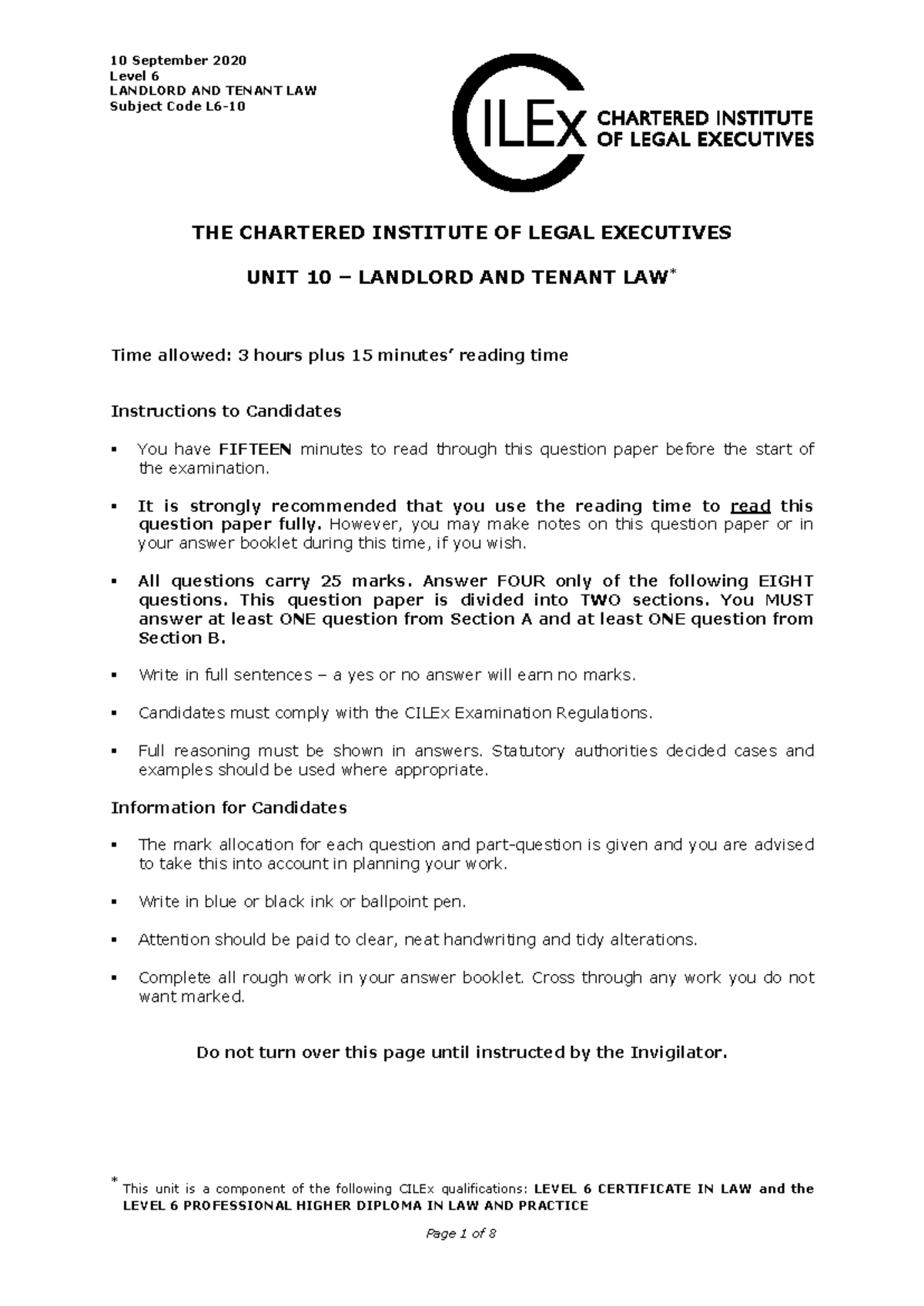 Landlord and Tenant Law Practice Questions September 2020 - 10 ...