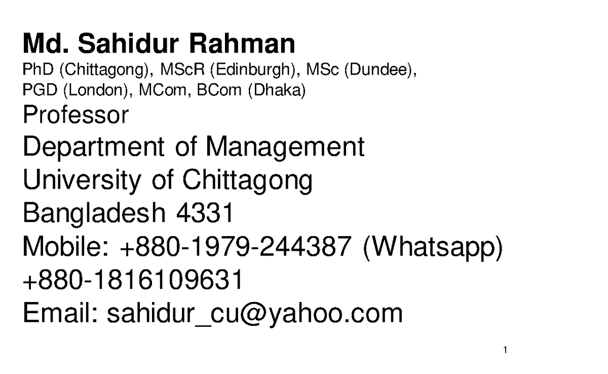 Mgt 1 Intro - Summary Marketing Management - Md. Sahidur Rahman PhD (Chittagong), MScR ...