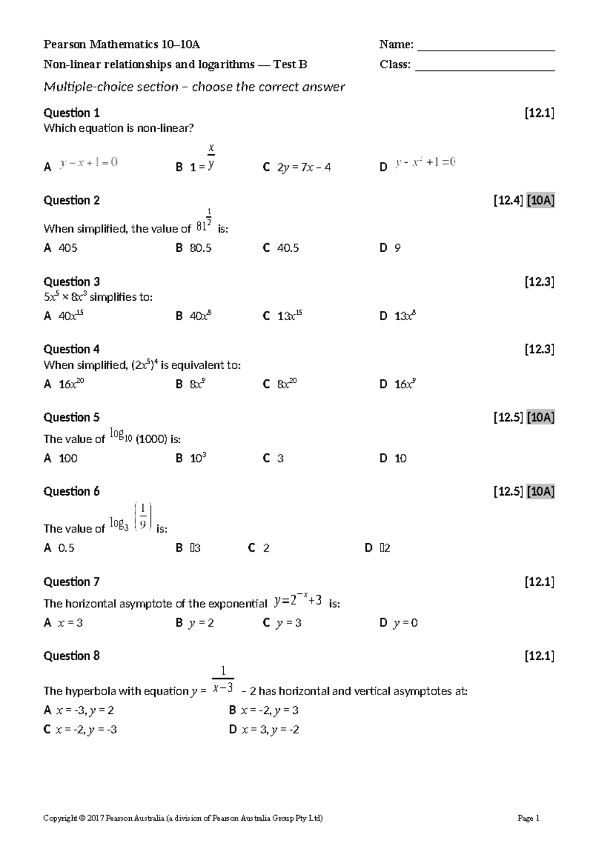 PM10 12test SA - Pearson Mathematics 10–10A Name ...