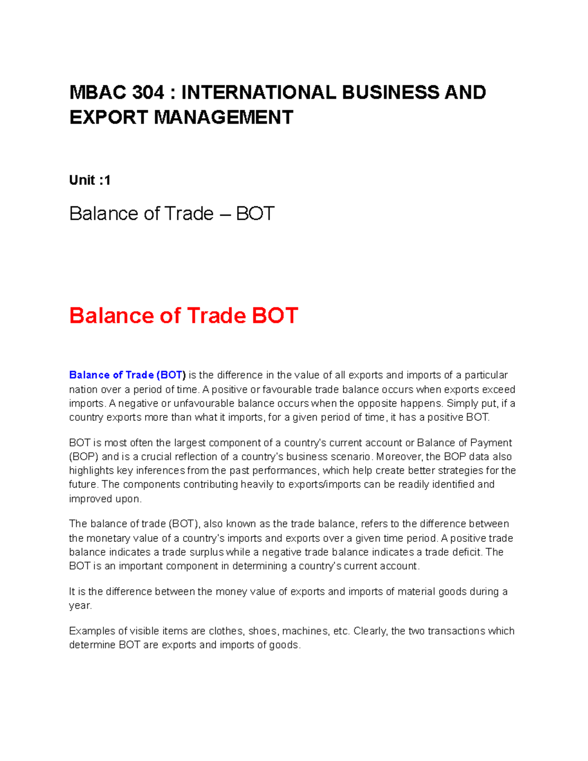 Balance of Trade – BOT - MBAC 304 : INTERNATIONAL BUSINESS AND EXPORT ...