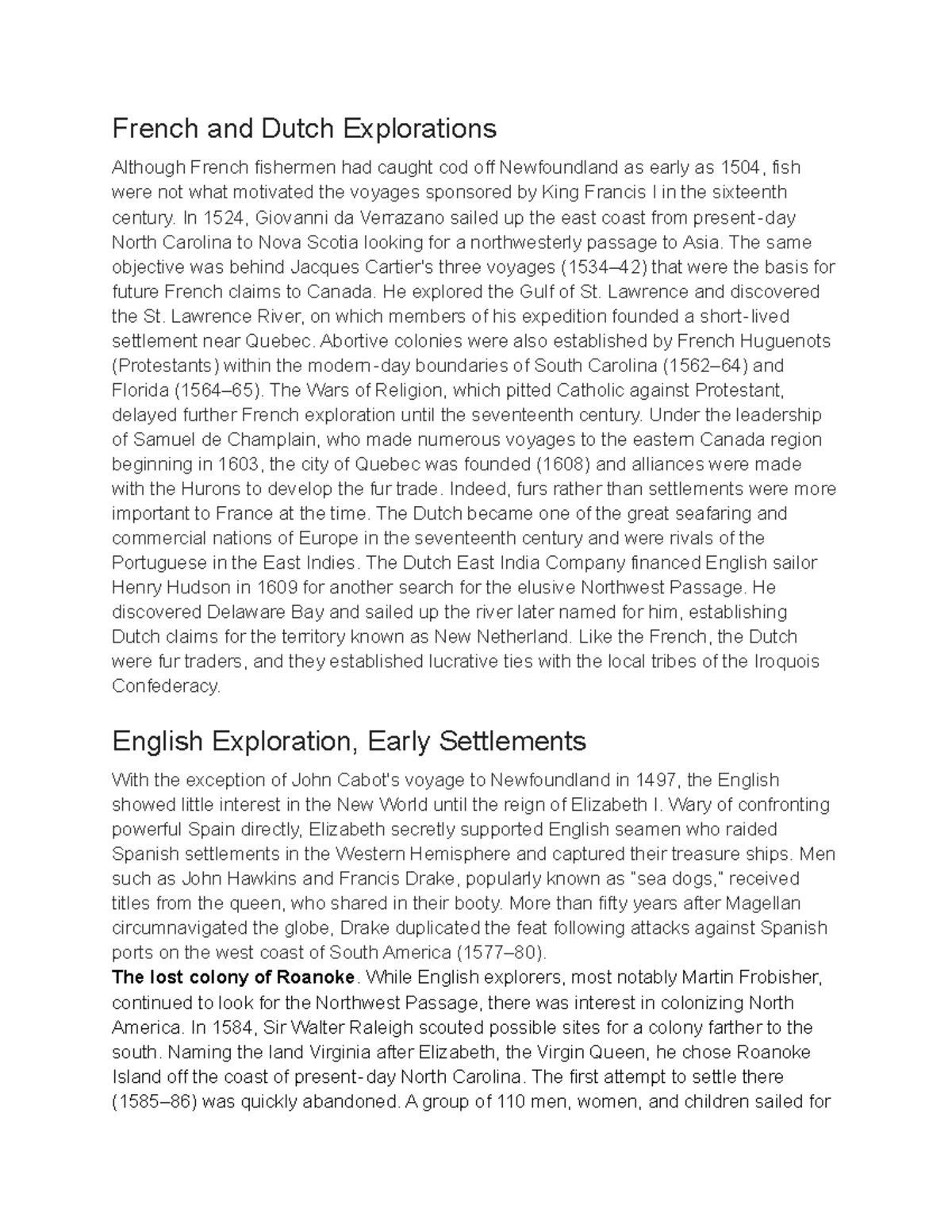 US History - French and Dutch Explorations, English Settlements ...