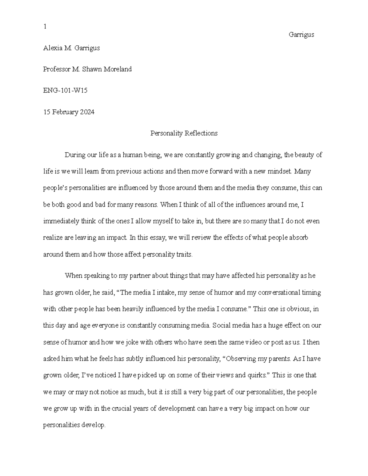 16 Personalities essay 2 - 1 Garrigus Alexia M. Garrigus Professor M ...