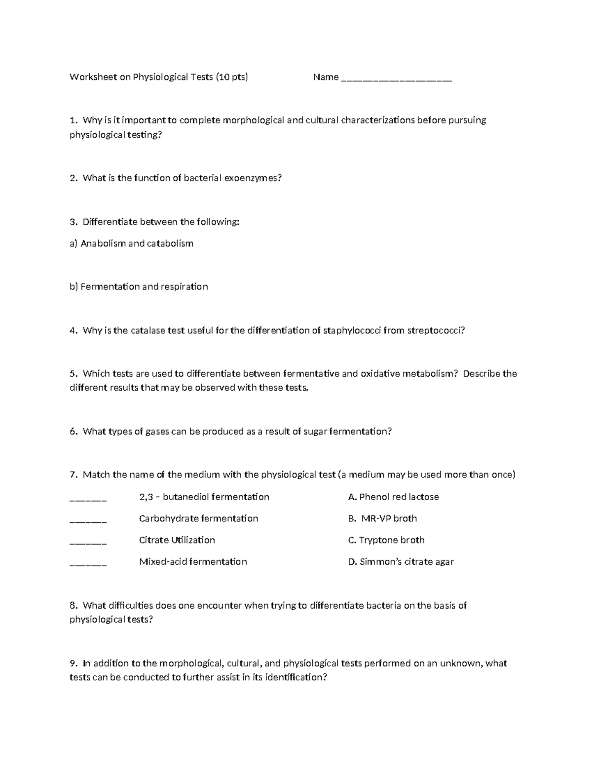Lab worksheet on physiological tests - Worksheet on Physiological Tests ...