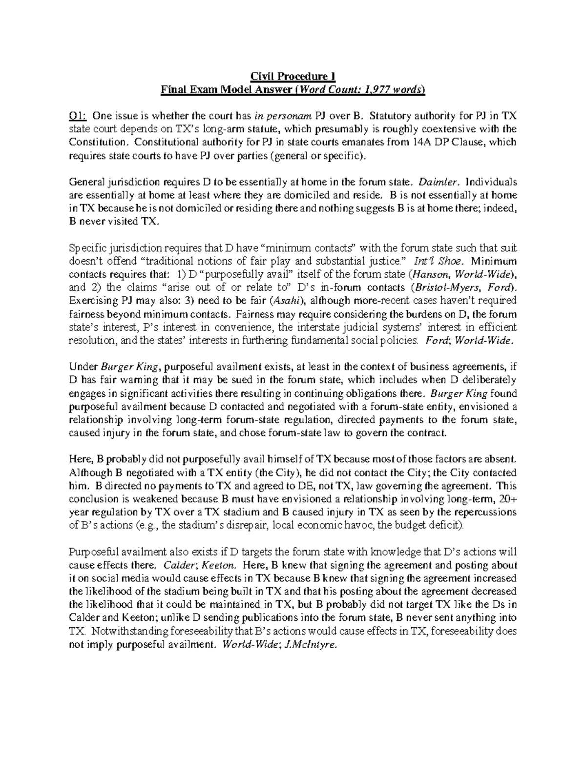 Civil Procedure I - Fall 2022 - Final Exam Model Answer - Civil ...