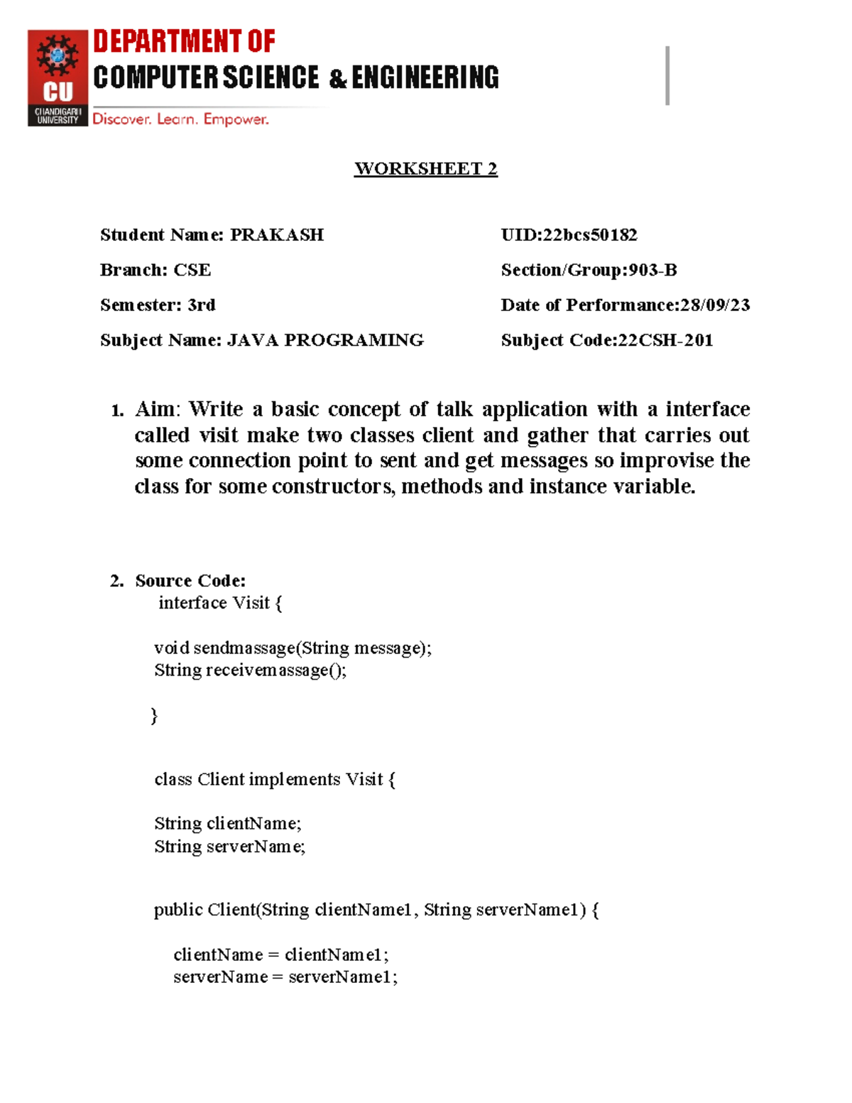 Worksheet Template - COMPUTER SCIENCE & ENGINEERING WORKSHEET 2 Student ...