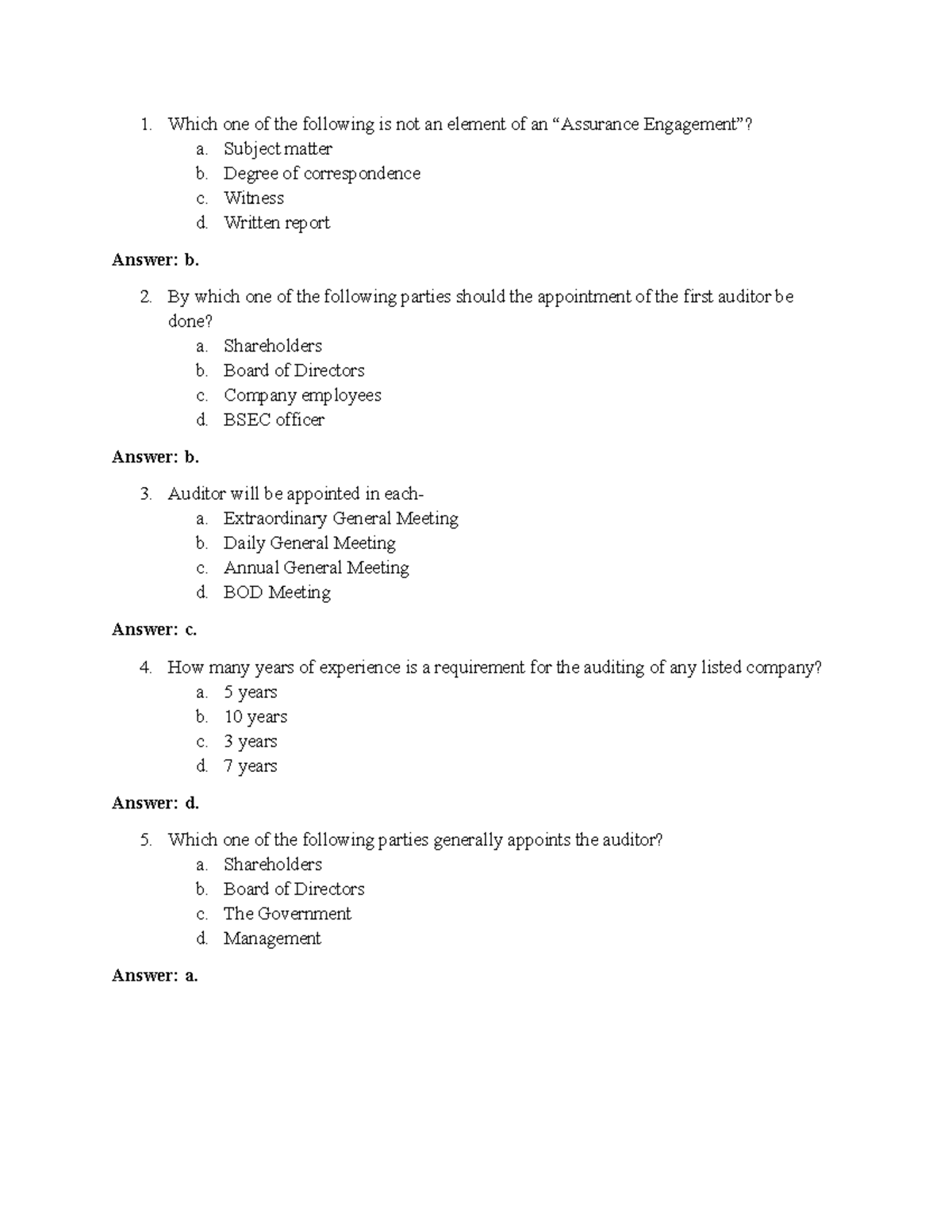 Audit-20-MCQ - The solution of assignments given in class by course tutor. - Which one of the ...