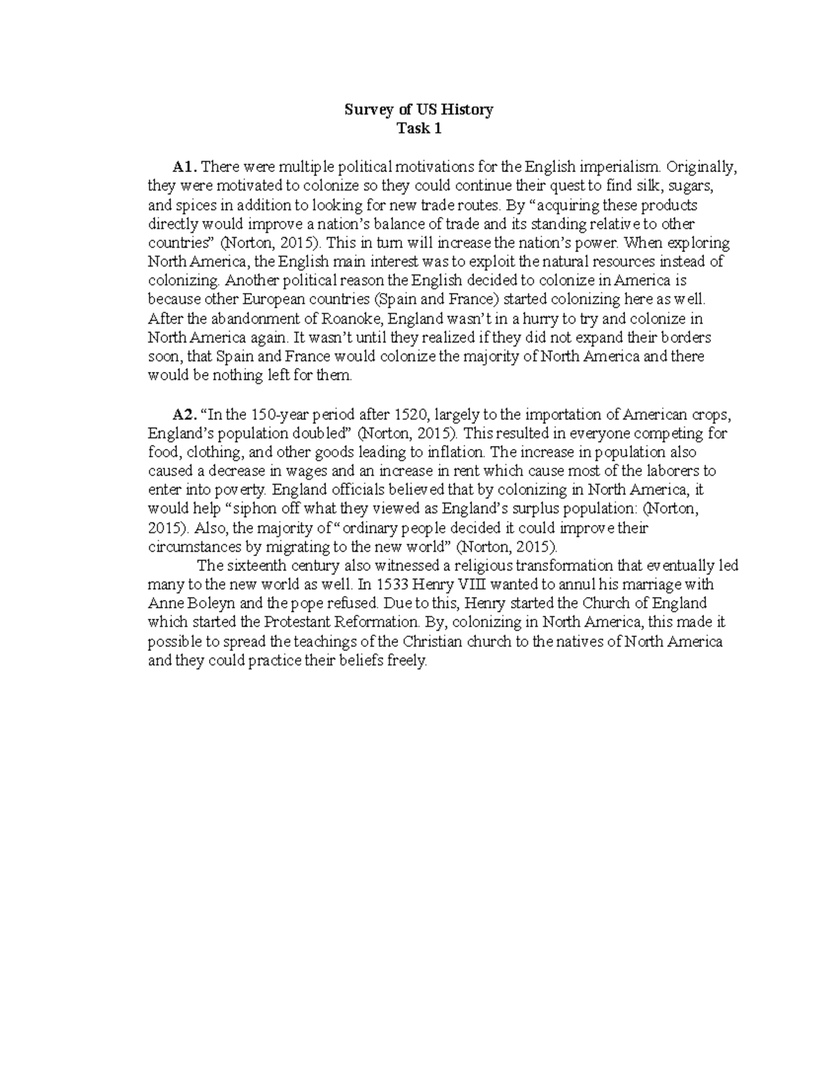 US History Task 1 - Grade: Pass - Survey of US History Task 1 A1. There ...