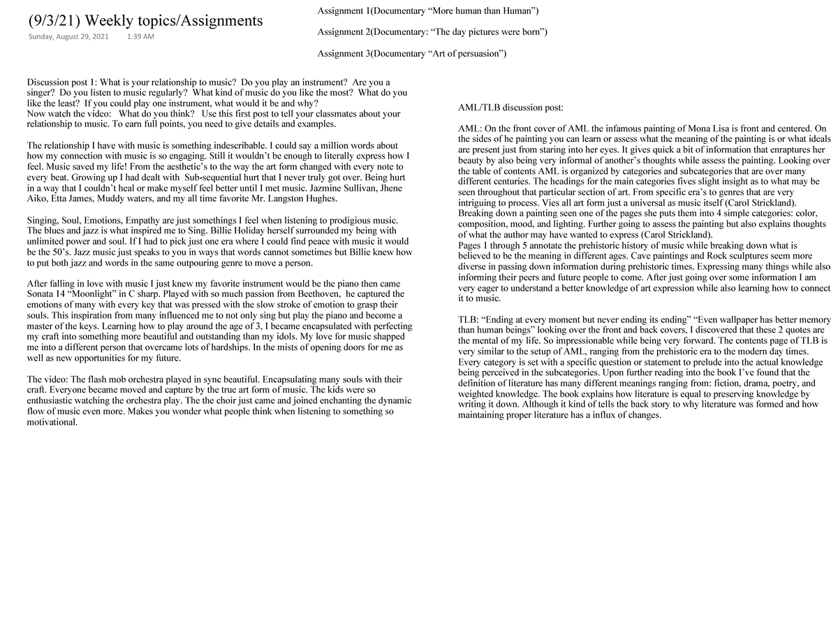 (9321) Weekly topics Assignments - Discussion post 1: What is your ...