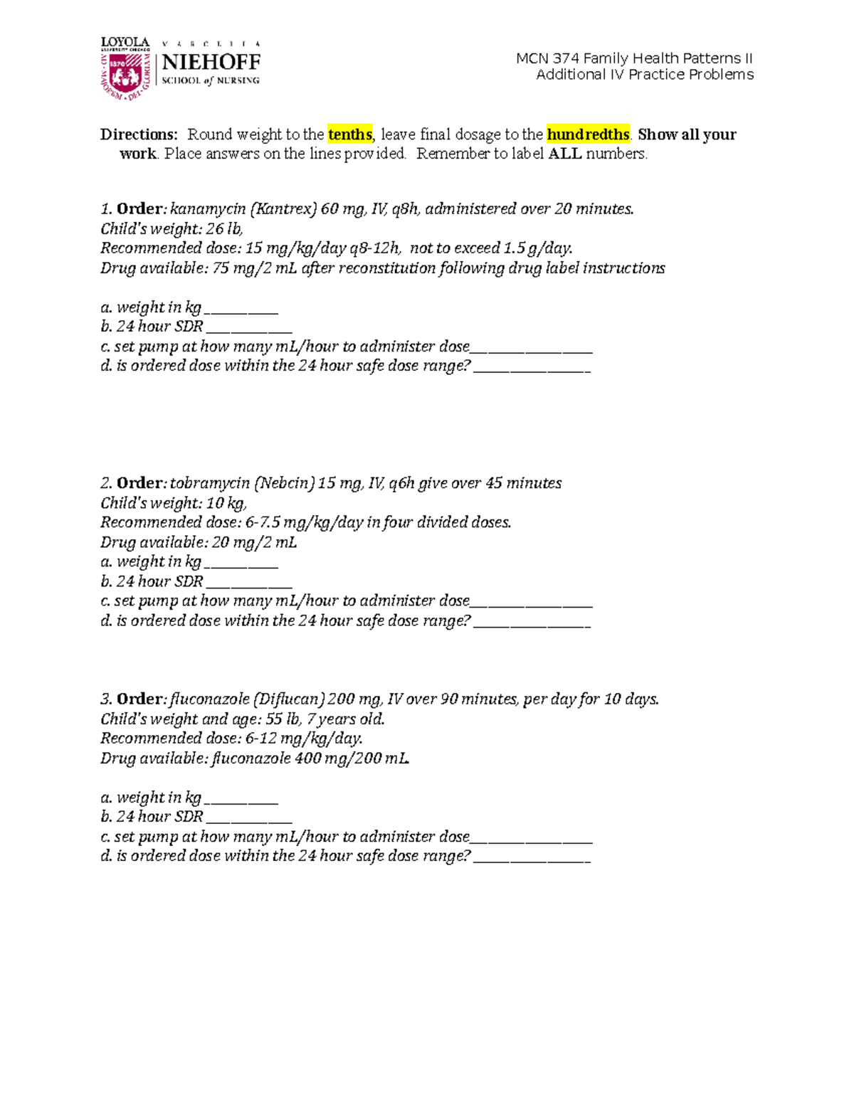 Additional Iv Practice Problems Mcn 374 Family Health Patterns Ii